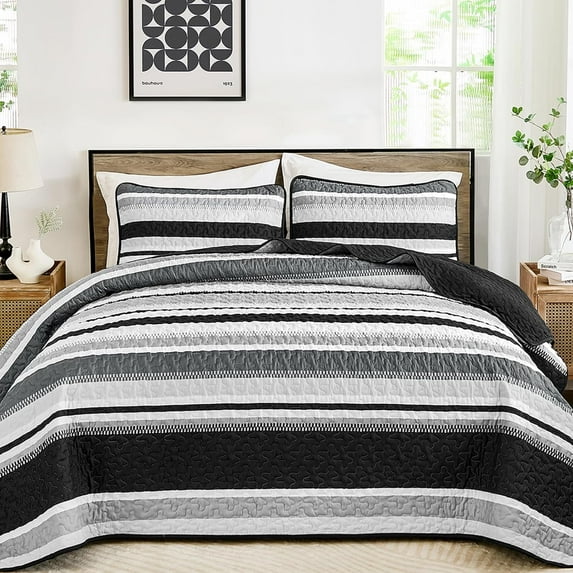 Full Quilt Bedding Set, 3 Pieces Black Striped Bedspread Coverlet Set ...