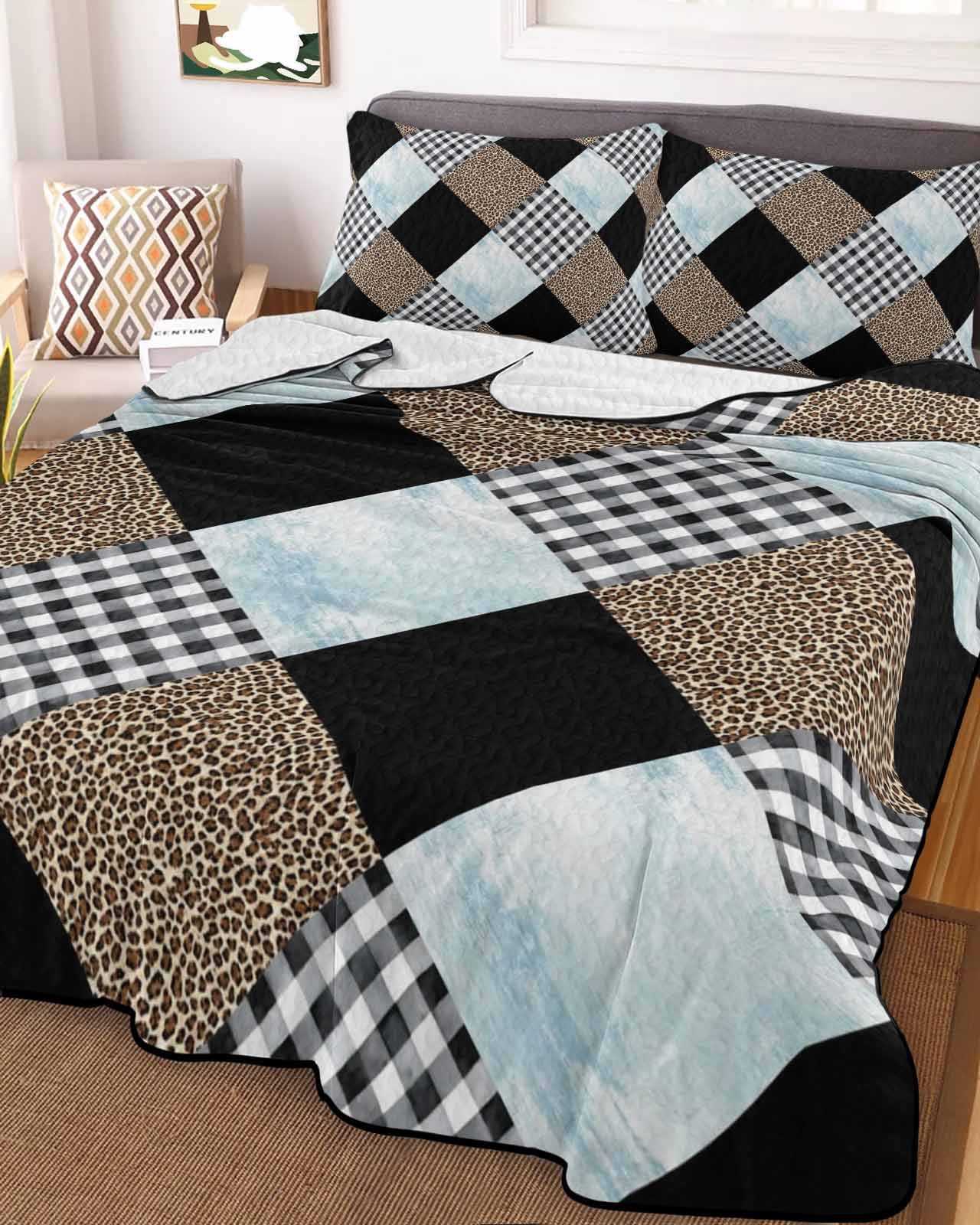 Full Quilt Bedding Set Abstract Geometric Leopard Plaid Summer Quilt ...