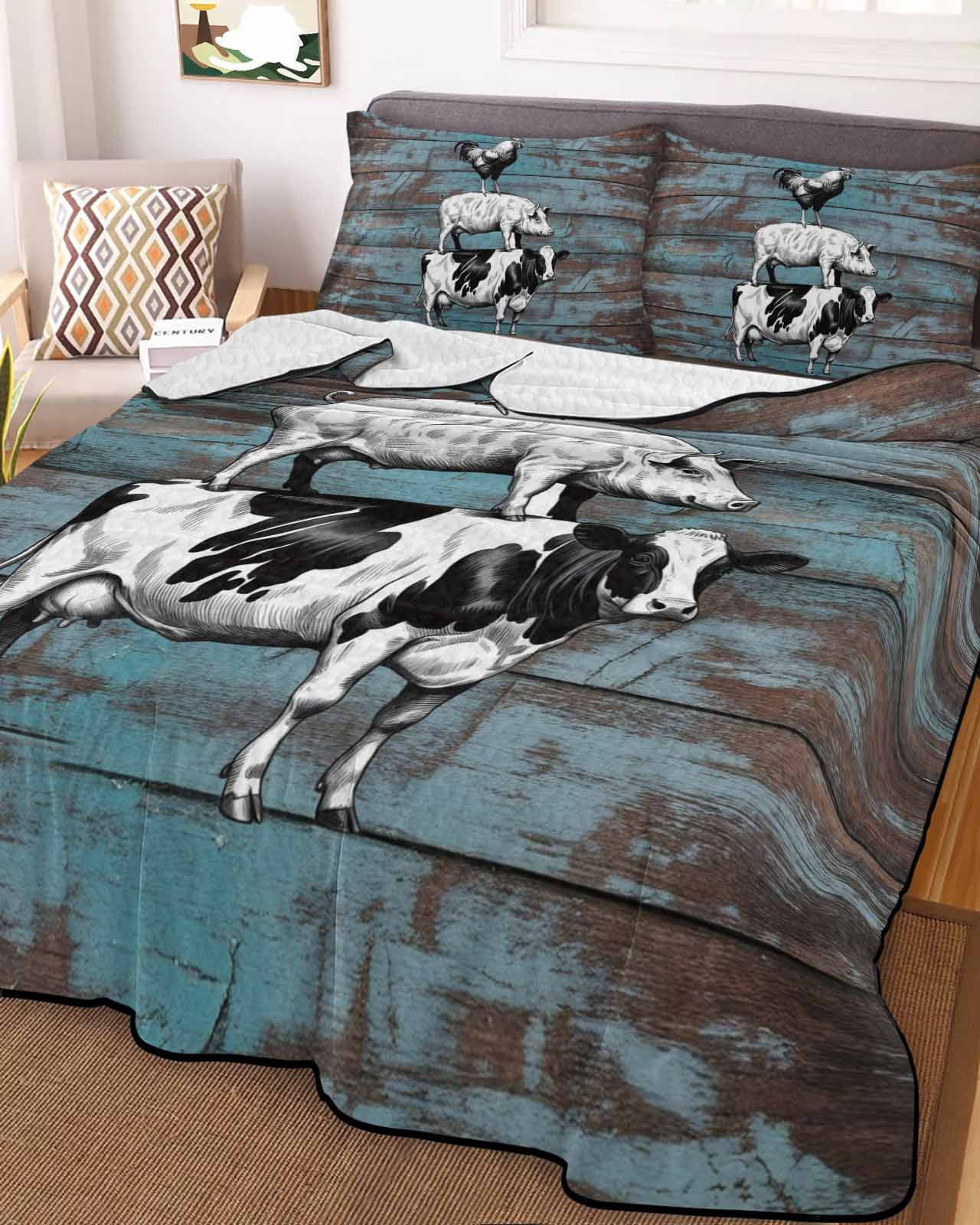 Full Quilt Bedding Set, Farm Animal Rooster Pig Cow Lightweight ...
