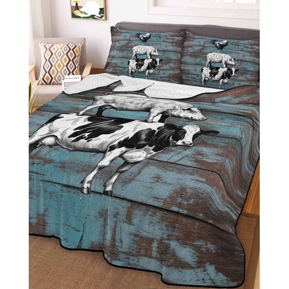Full Quilt Bedding Set, Farm Animal Rooster Pig Cow Lightweight ...