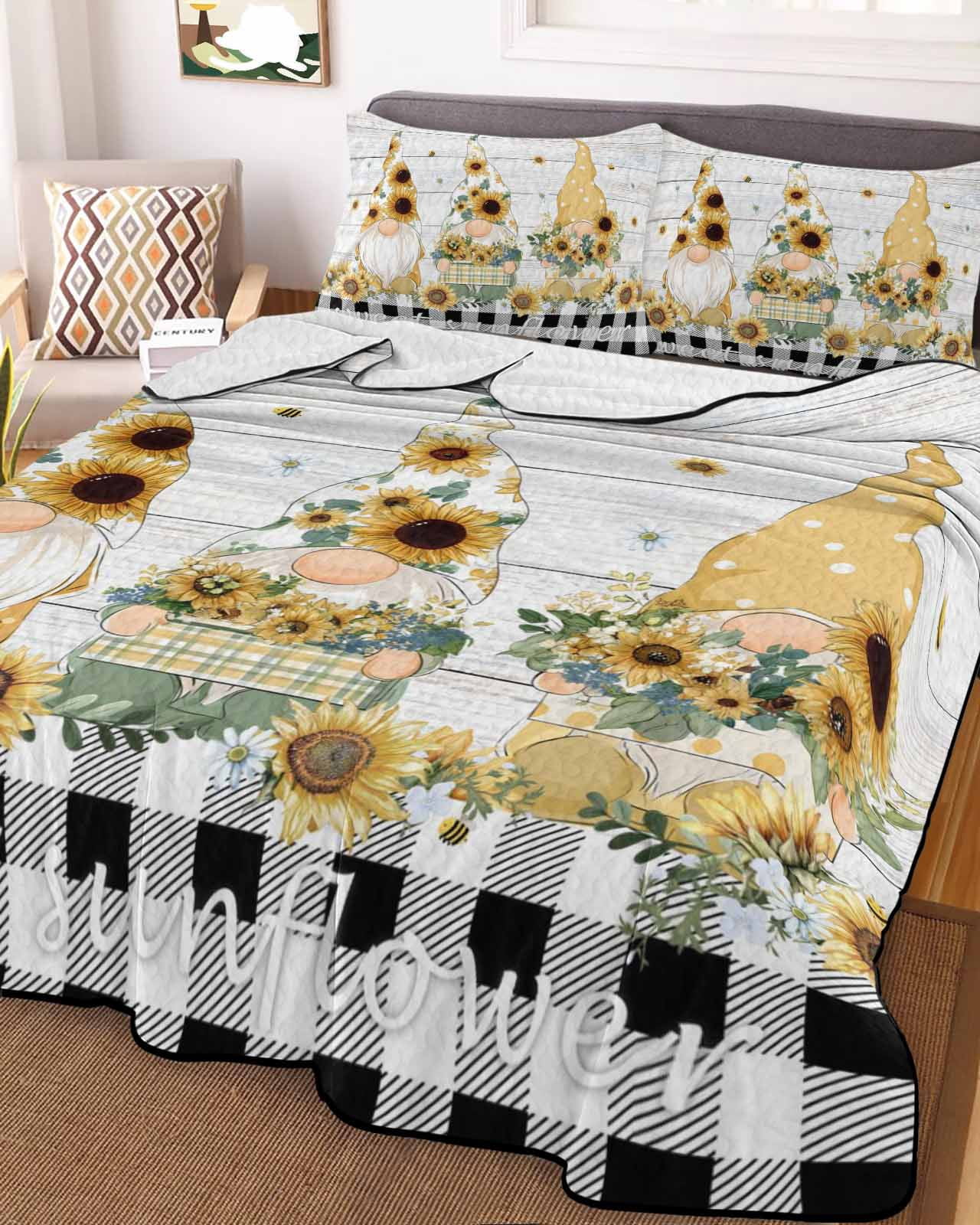 Full Quilt Bedding Set, Farm Gnome with Sunflower Bee Lightweight ...