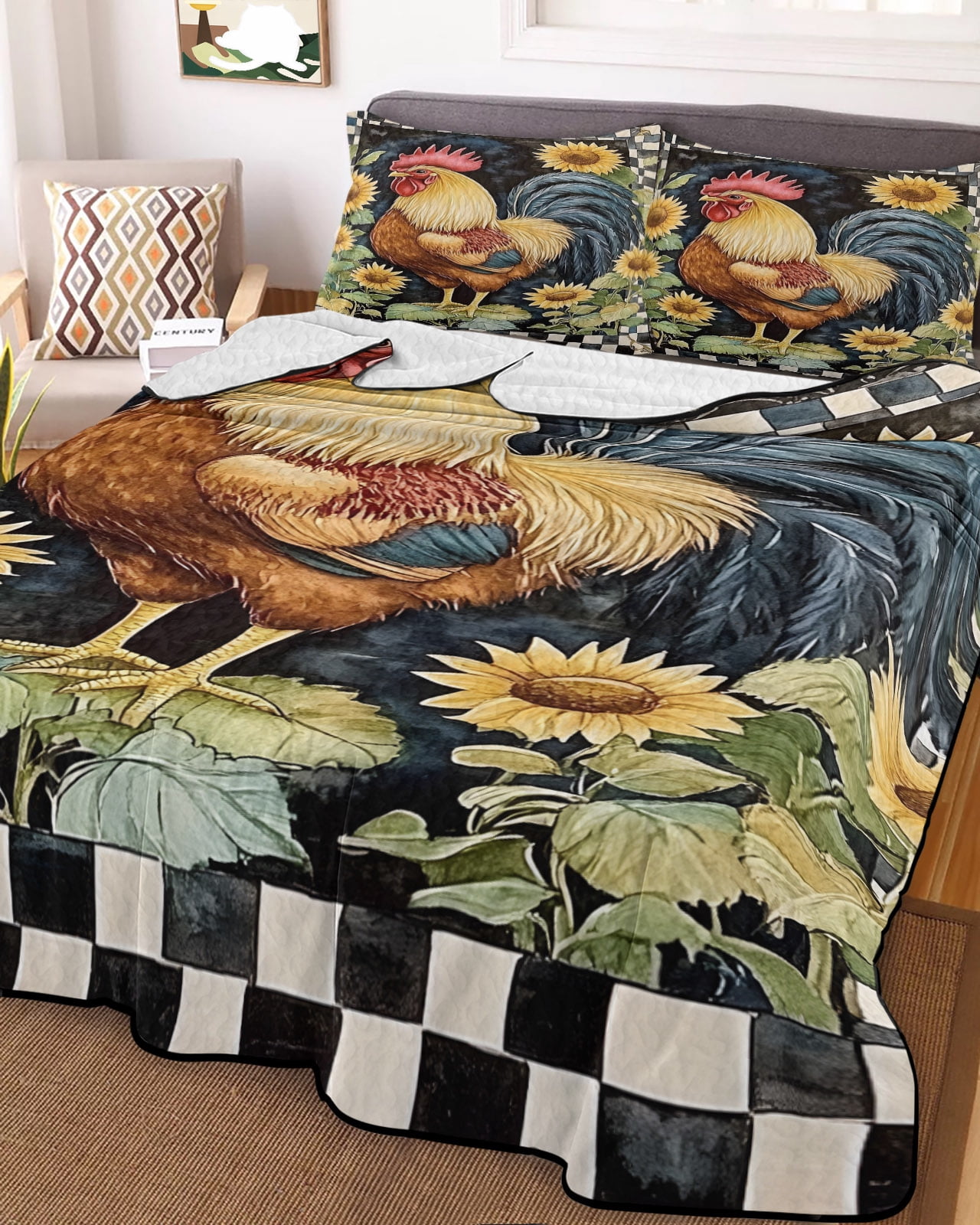Full Quilt Bedding Set Farmhouse Rooster Sunflower Plant Summer Quilt ...