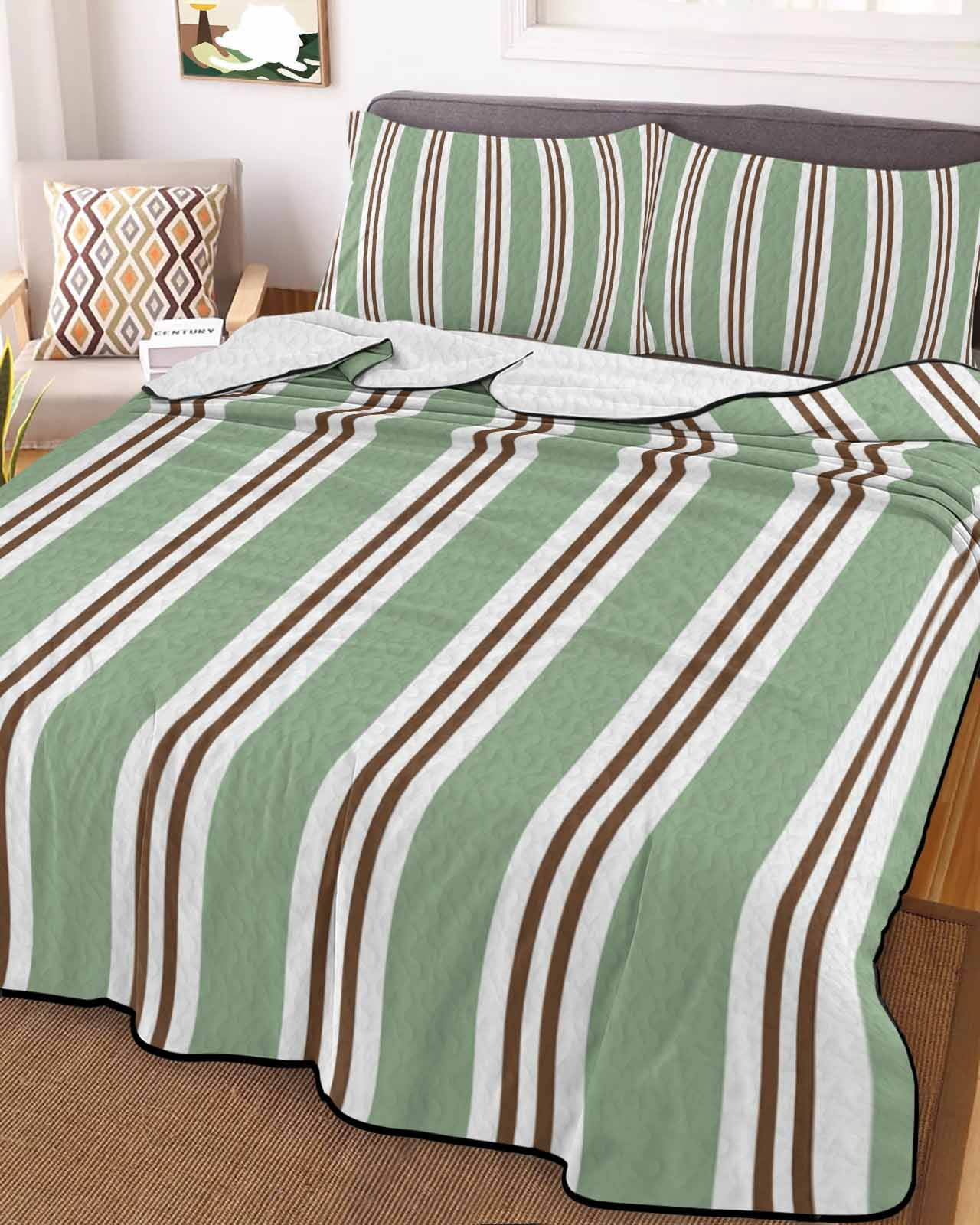 Full Quilt Bedding Set, Green Brown Stripes Line Lightweight Coverlet ...