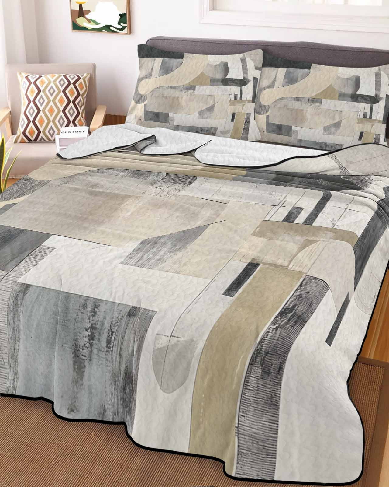 Full Quilt Bedding Set Modern Gray Beige Minimalist Art Summer Quilt ...