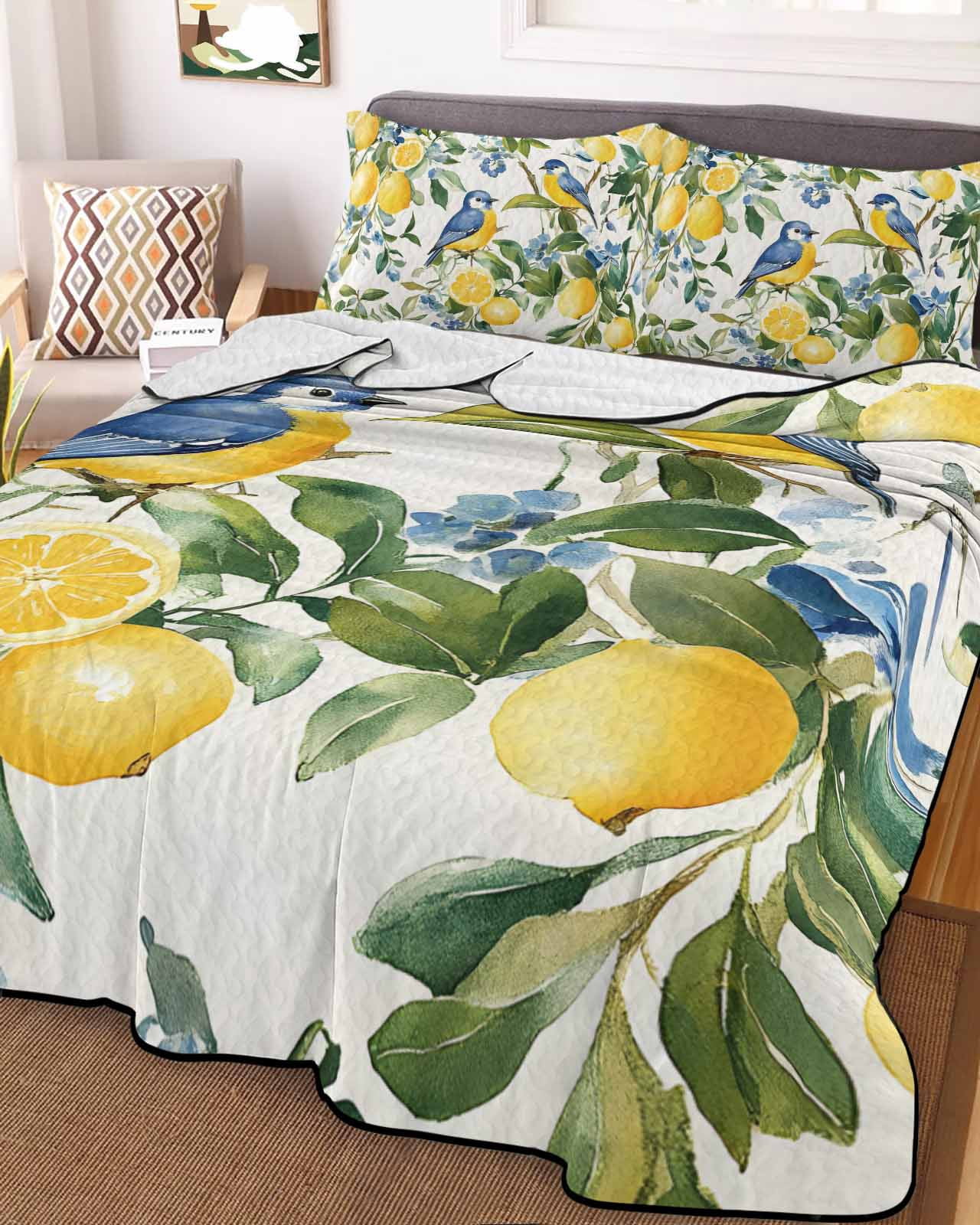 Full Quilt Bedding Set Pastoral Vintage Lemon Blue Bird Summer Quilt ...