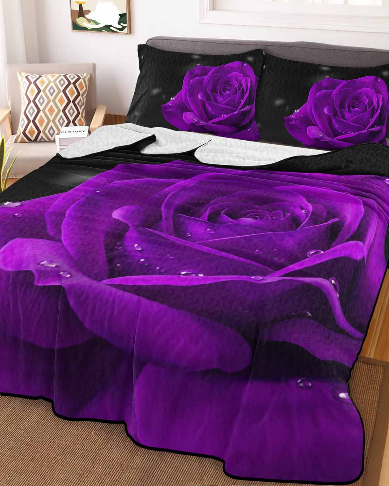 Full Quilt Bedding Set, Purple Rose Flower on Black Lightweight ...