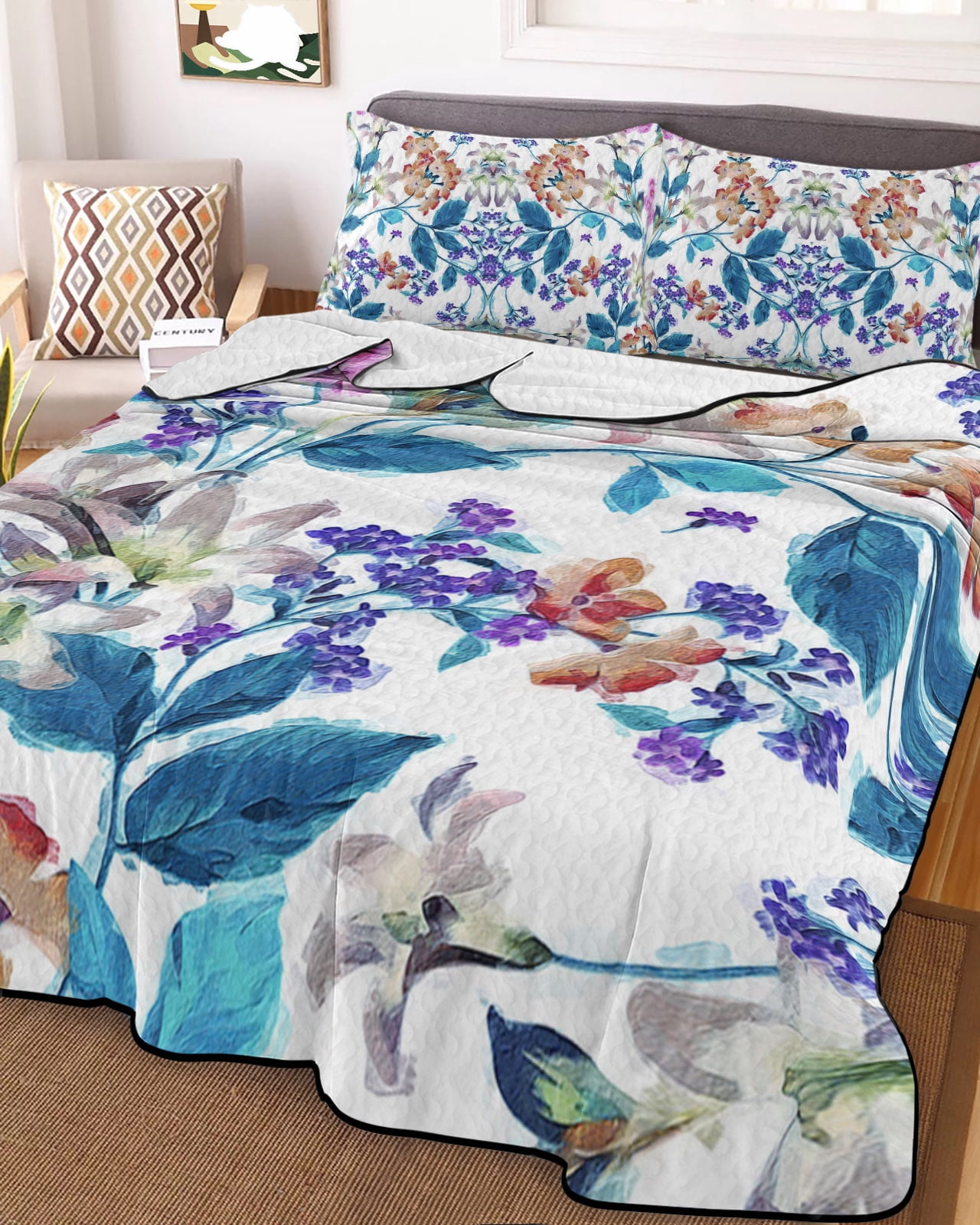 Full Quilt Bedding Set Watercolor Colorful Flower Leaves Summer Quilt ...