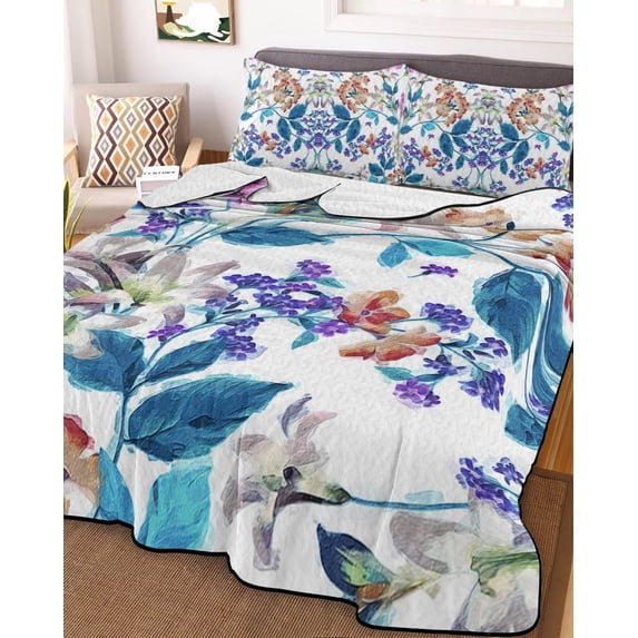 Full Quilt Bedding Set Watercolor Colorful Flower Leaves Summer Quilt ...