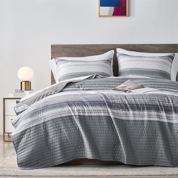Full/ Quilt Bedding Set, White and Grey Patchwork Striped Quilt Set, 2 ...