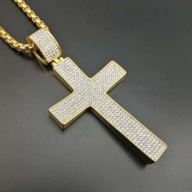 Full Rhinestone Bling Iced Out Cross Pendants Necklaces 14K Yellow Gold ...