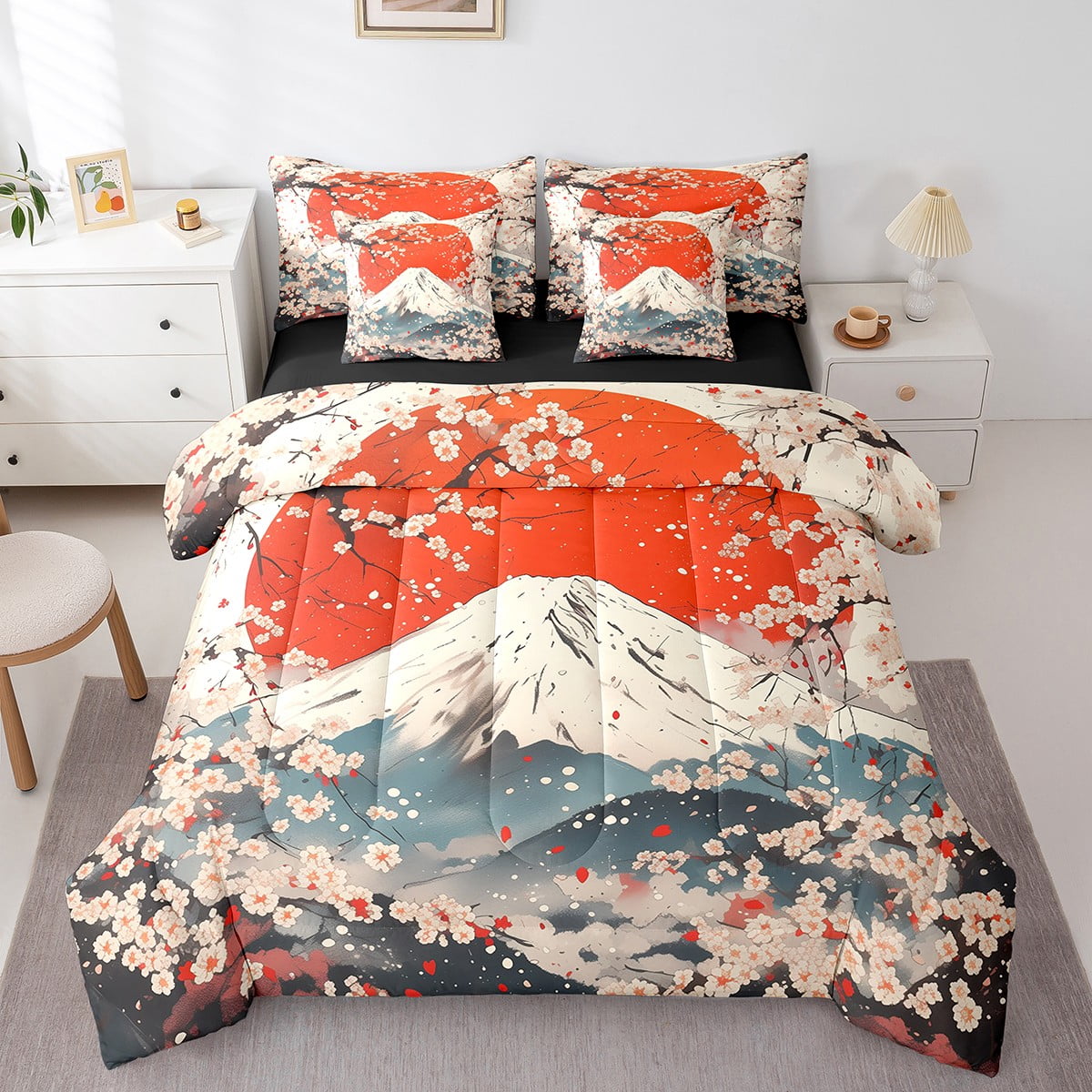 Full Sakura Cherry Blossom Comforter Sets 7Pcs,Japanese Style Ukiyo-E ...