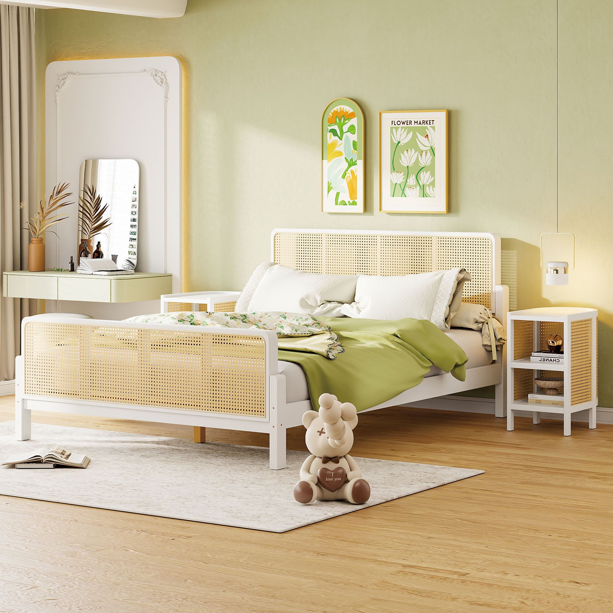 Full Size 3 Pieces Wood and Rattan Bed Frame with 2 Nightstands ...