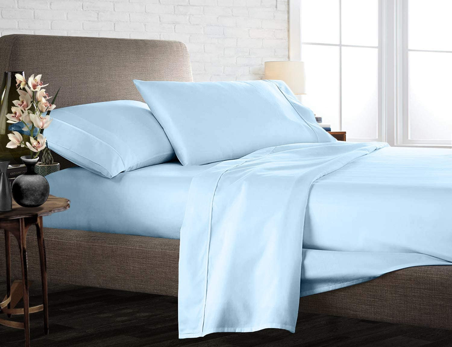 Full Size 4Pcs Sheet Set - Light Blue Solid Sateen Weave for Soft ...