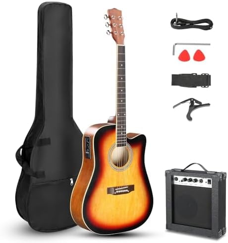 Full-Size Acoustic Electric Guitar with Amp, 41 Inch Basswood Body ...