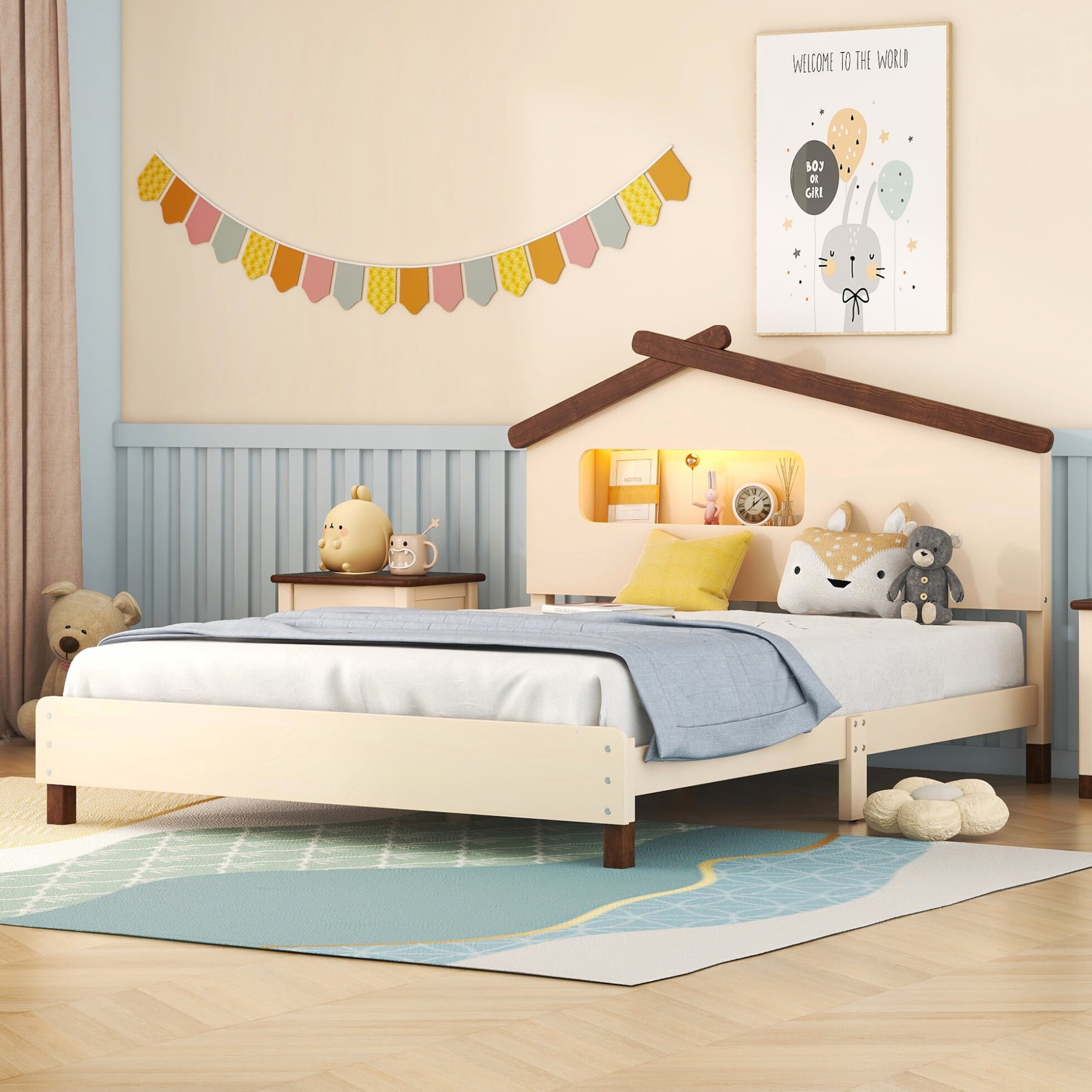 Full Size Animation Style Wood Platform Bed, Modern Bed Frame with ...