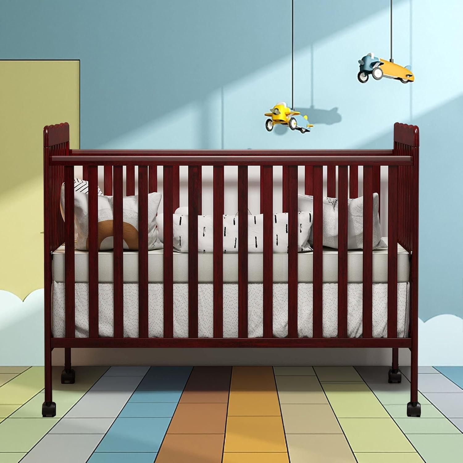Full Size Baby Crib 3-in-1 Convertible Crib with Locking Wheels Toddler ...