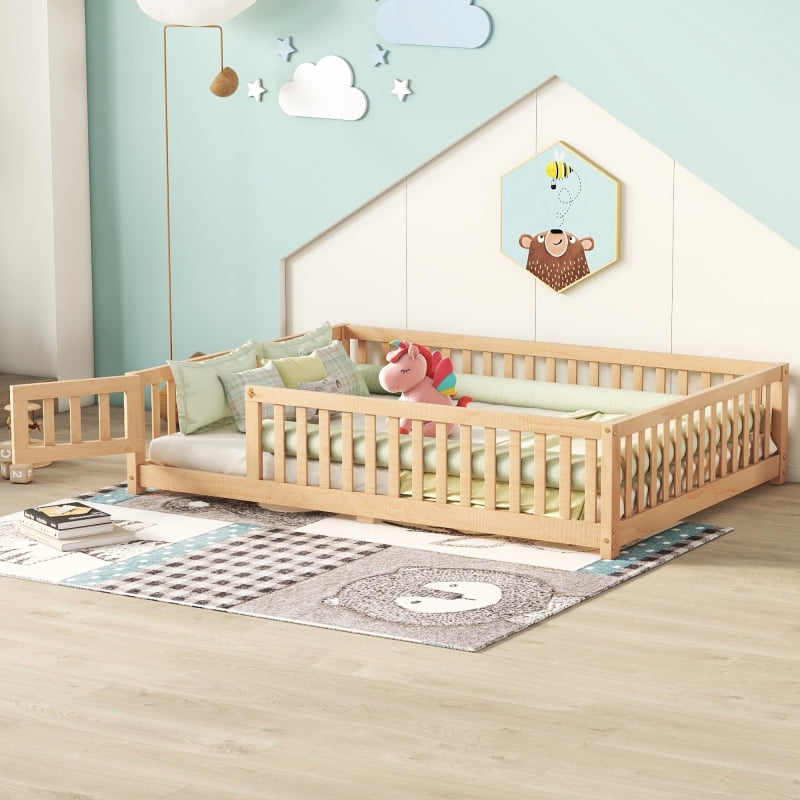 Full Size Bed Floor Bed with Safety Guardrails and Door for Kids ...