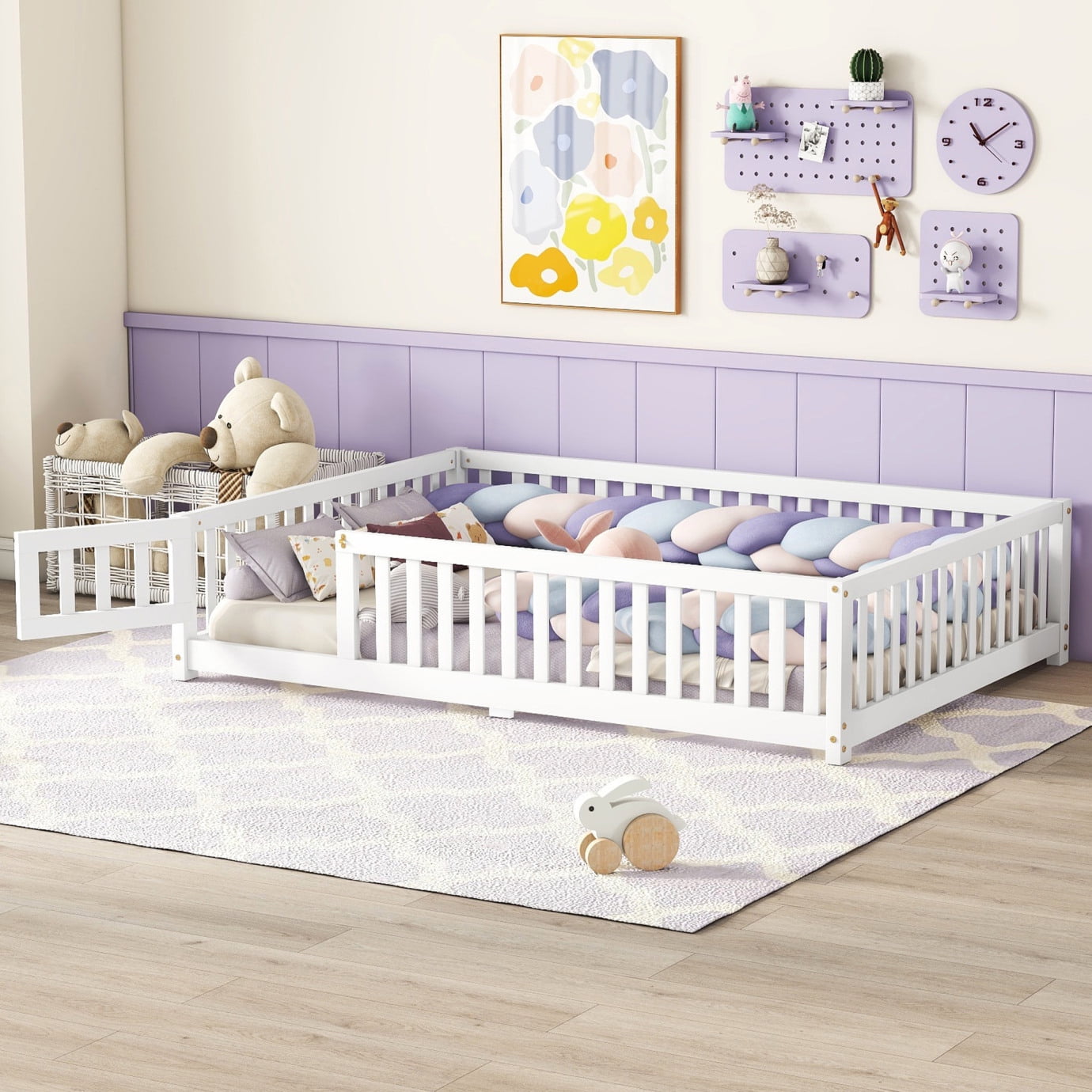 Full Size Bed,Floor Bed With Safety Guardrails And Door,Toddler Bed For ...