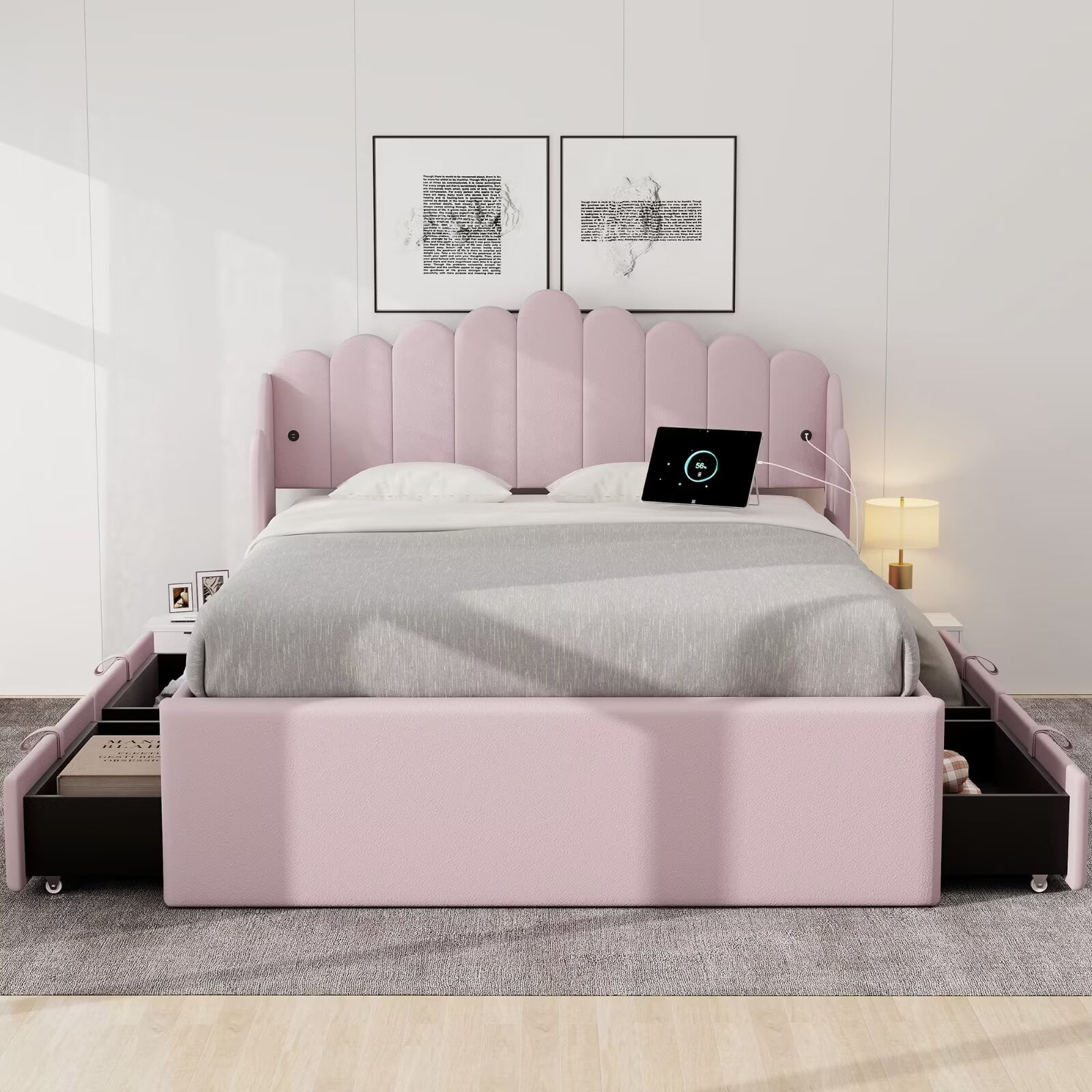 Full Size Bed Frame with 4 Drawers and 2 USB, Upholstered Platform Bed ...