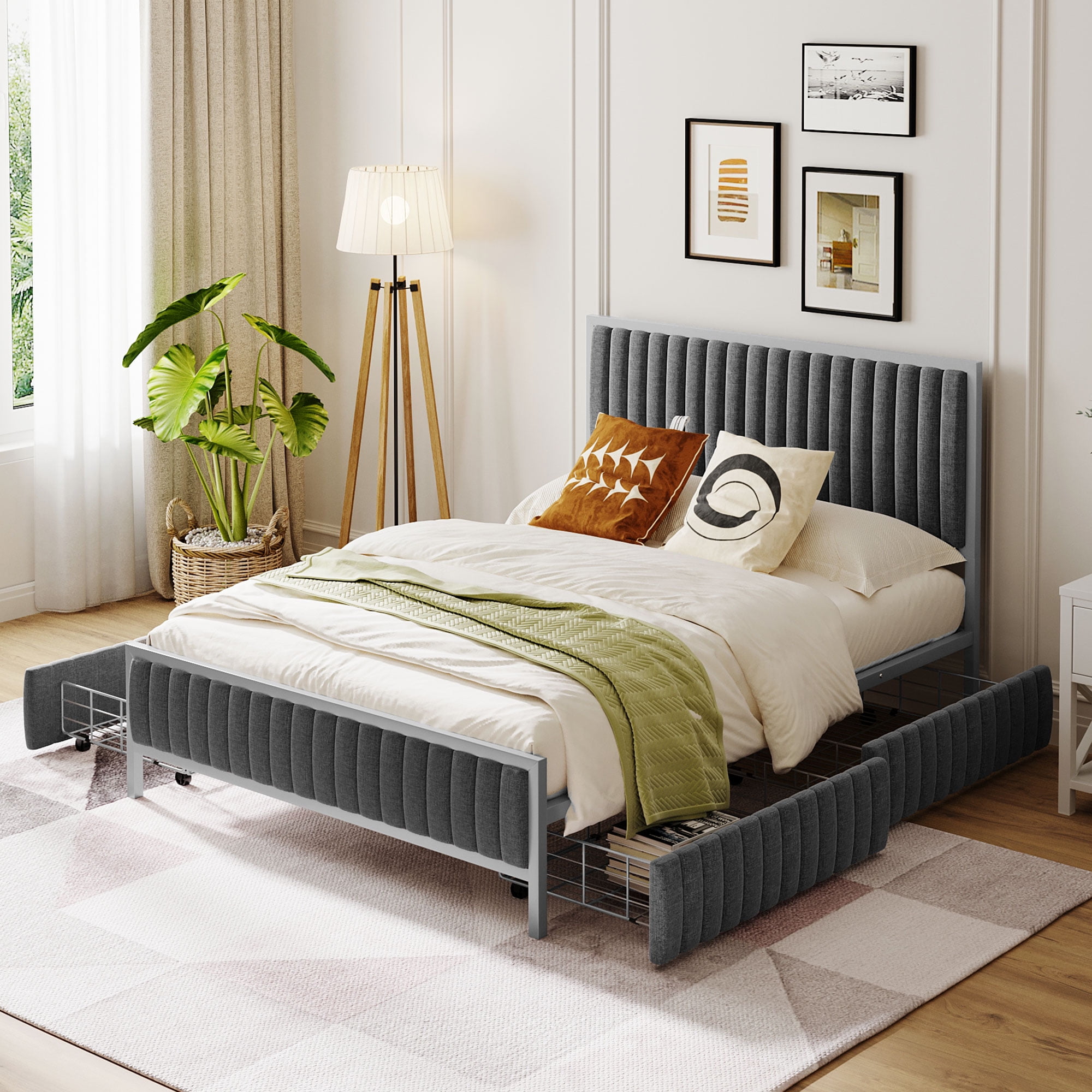 Full Size Bed Frame with 4 Drawers, Modern Linen Fabric Upholstered ...