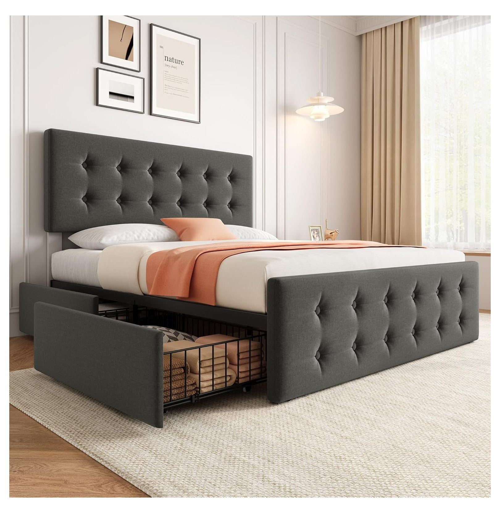 Full Size Bed Frame with 4 Storage Drawers and Headboard, Linen ...