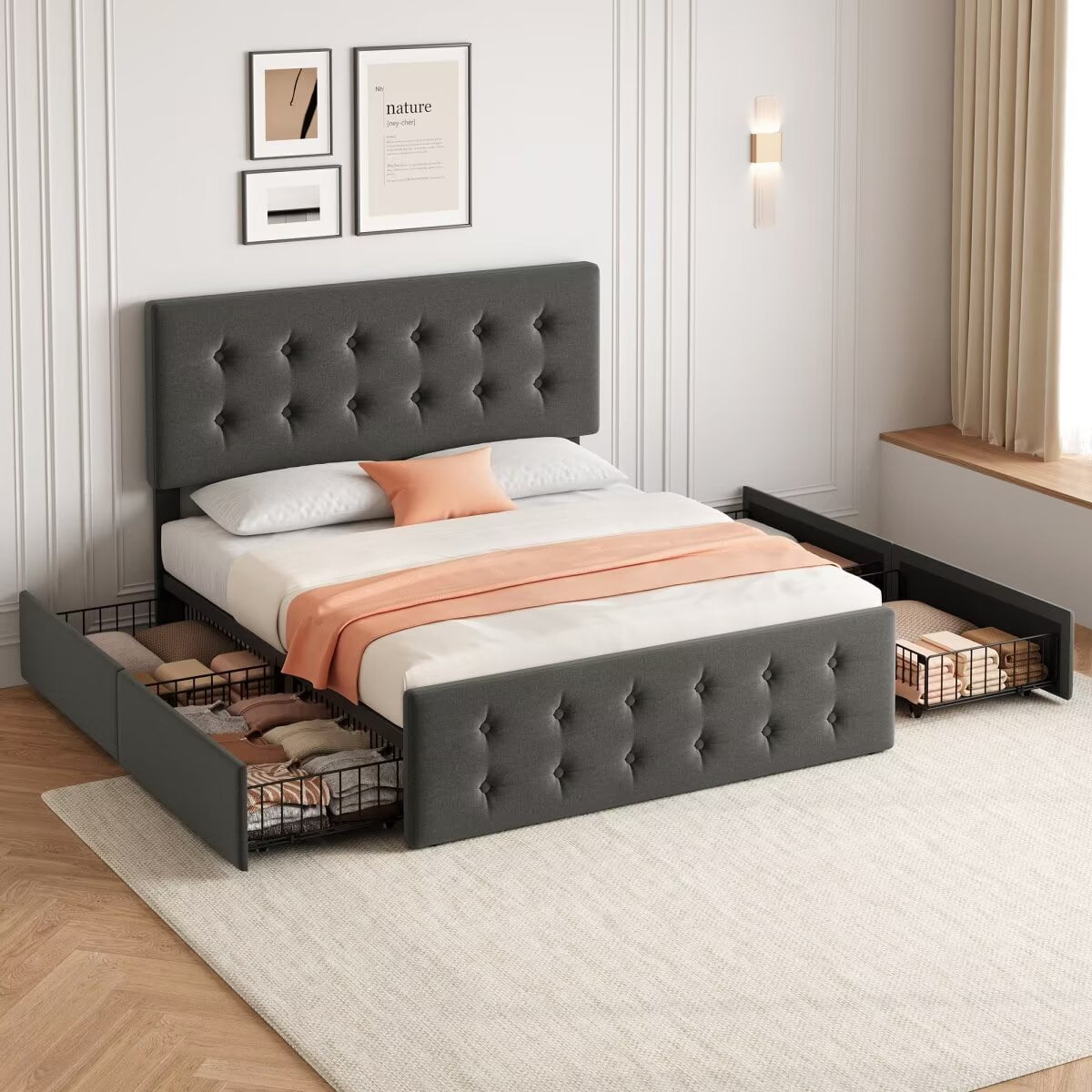 Full Size Bed Frame with 4 Storage Drawers, Upholstered Platform Bed ...