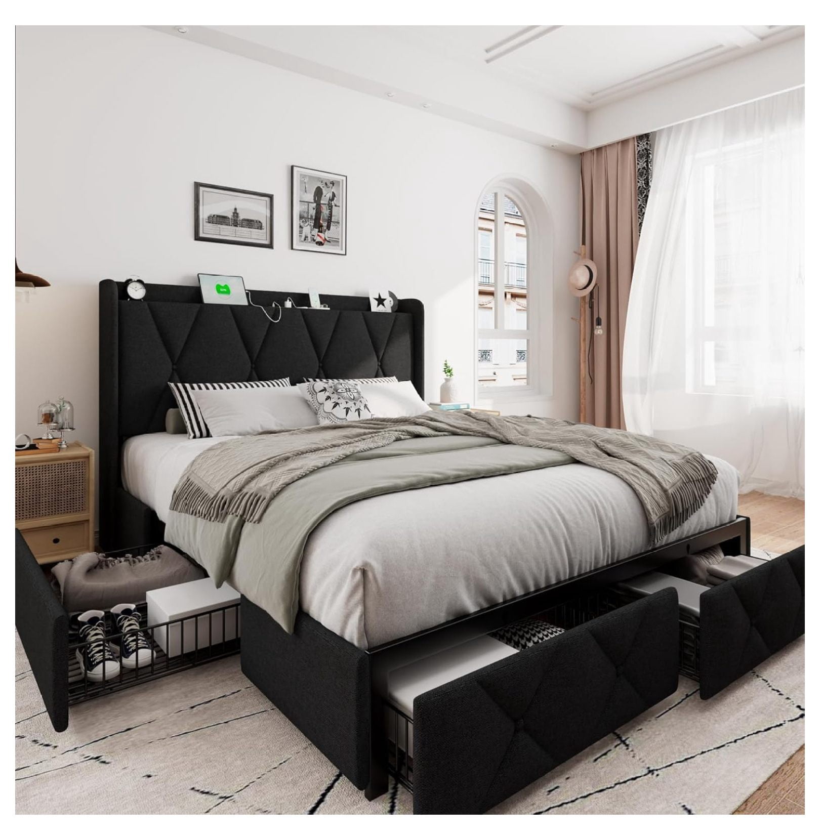 Full Size Bed Frame with 4 Storage Drawers, Upholstered Platform Bed ...
