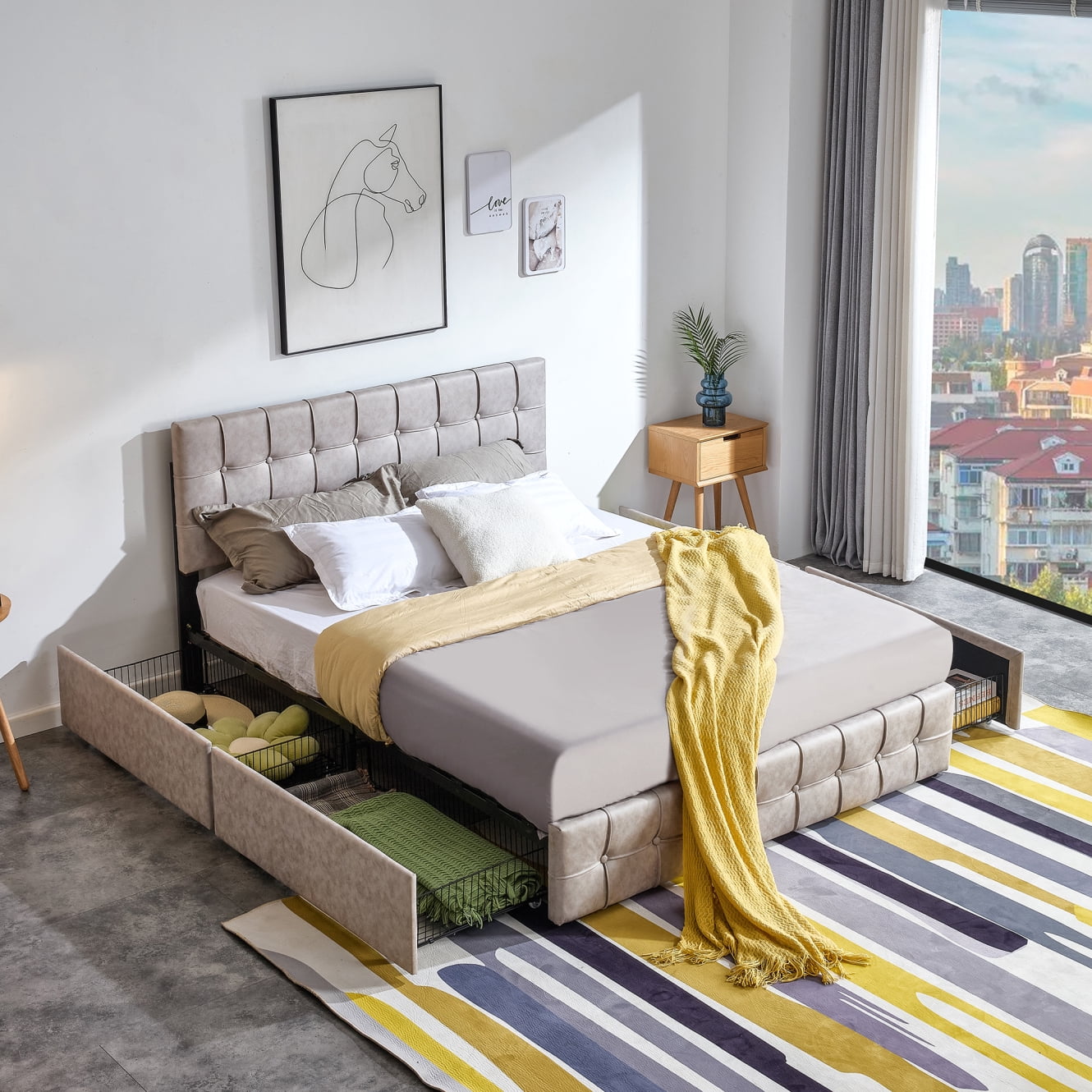 Full Size Bed Frame with 4 Storage Drawers, Upholstered Platform Bed ...