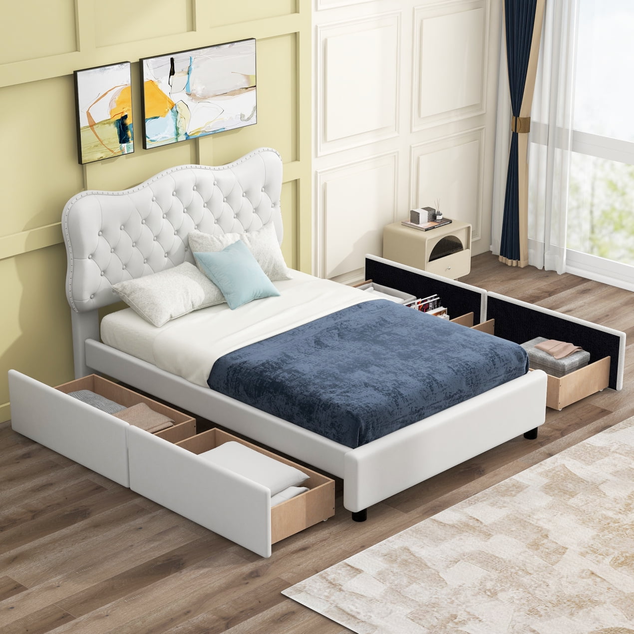 Full Size Bed Frame with 4 Storage Drawers, Upholstered Platform Bed ...