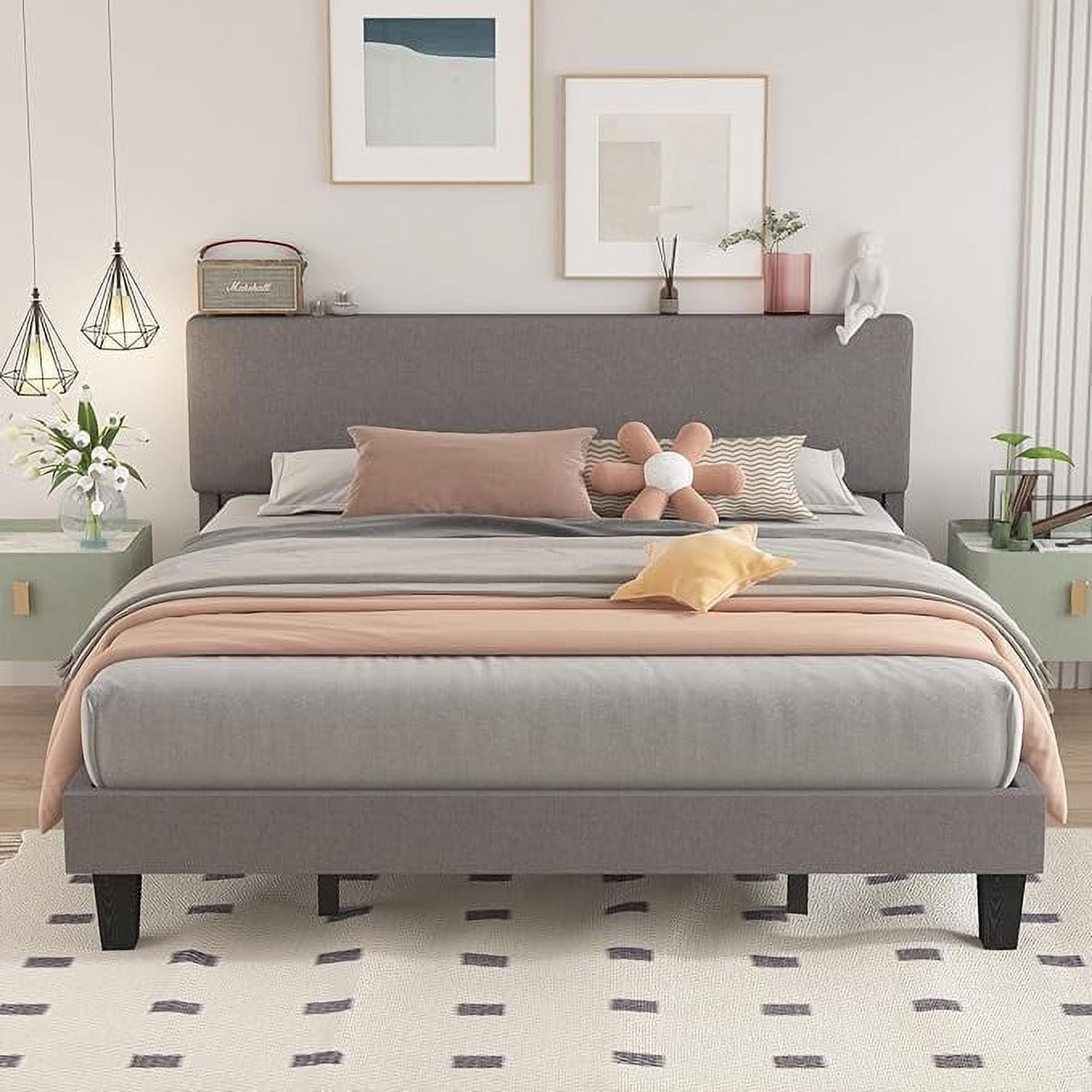 Full Size Bed Frame with Adjustable Headboard, Linen Fabric Upholstered ...