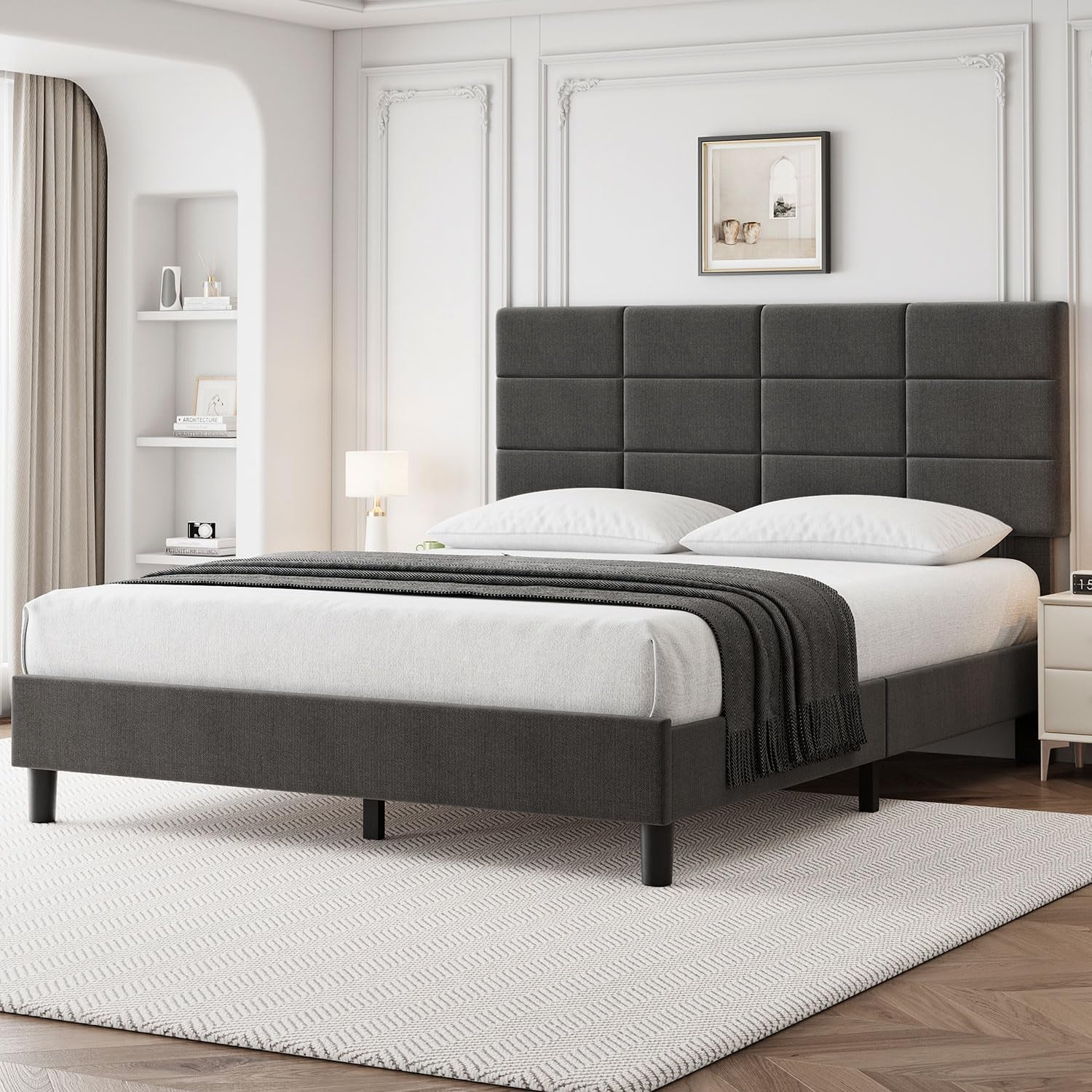 Full Size Bed Frame with Adjustable Headboard Linen Upholstered Full ...
