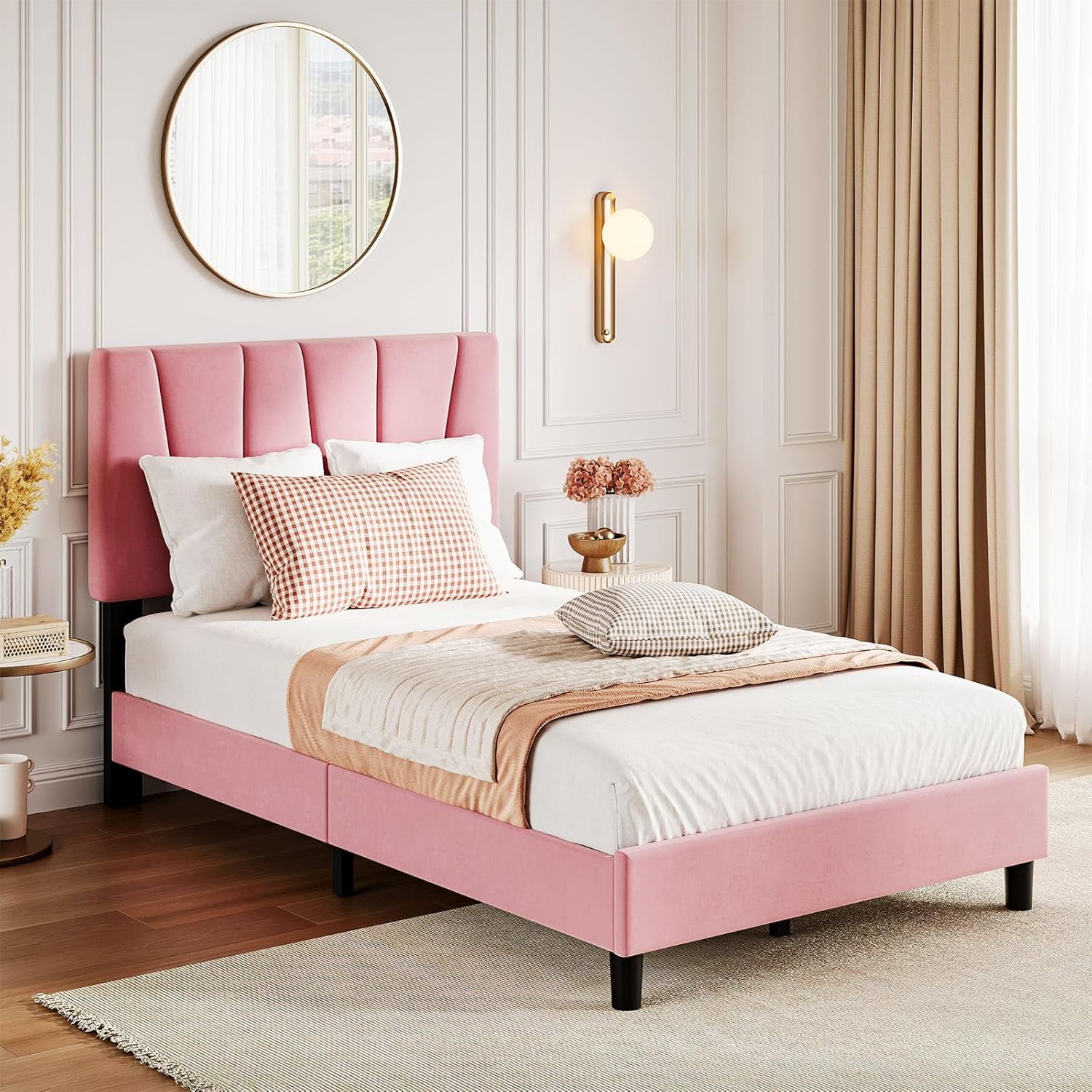 Full Size Bed Frame with Adjustable Headboard, Velvet Upholstered ...