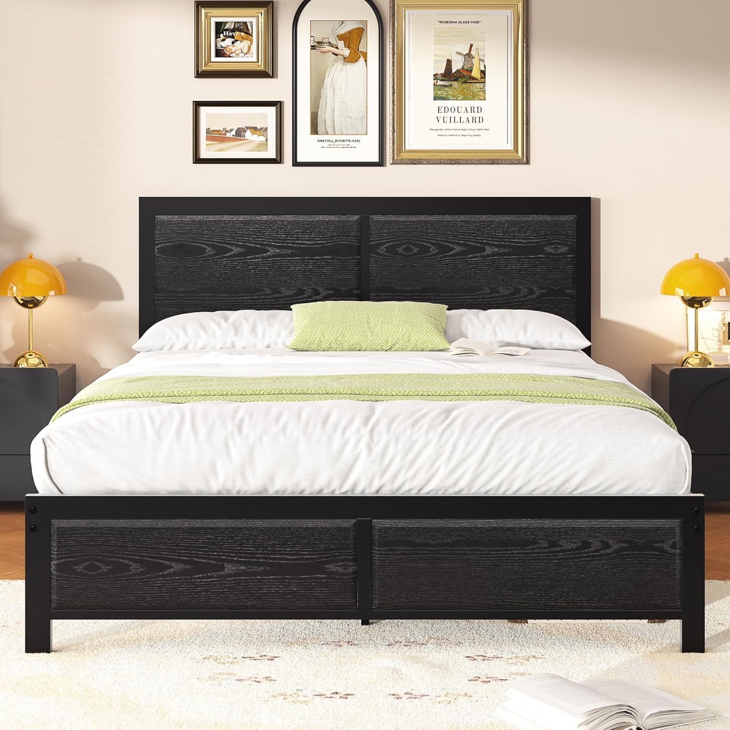 Full Size Bed Frame with Black Wood Headboard and Footboard, 14 Inch ...
