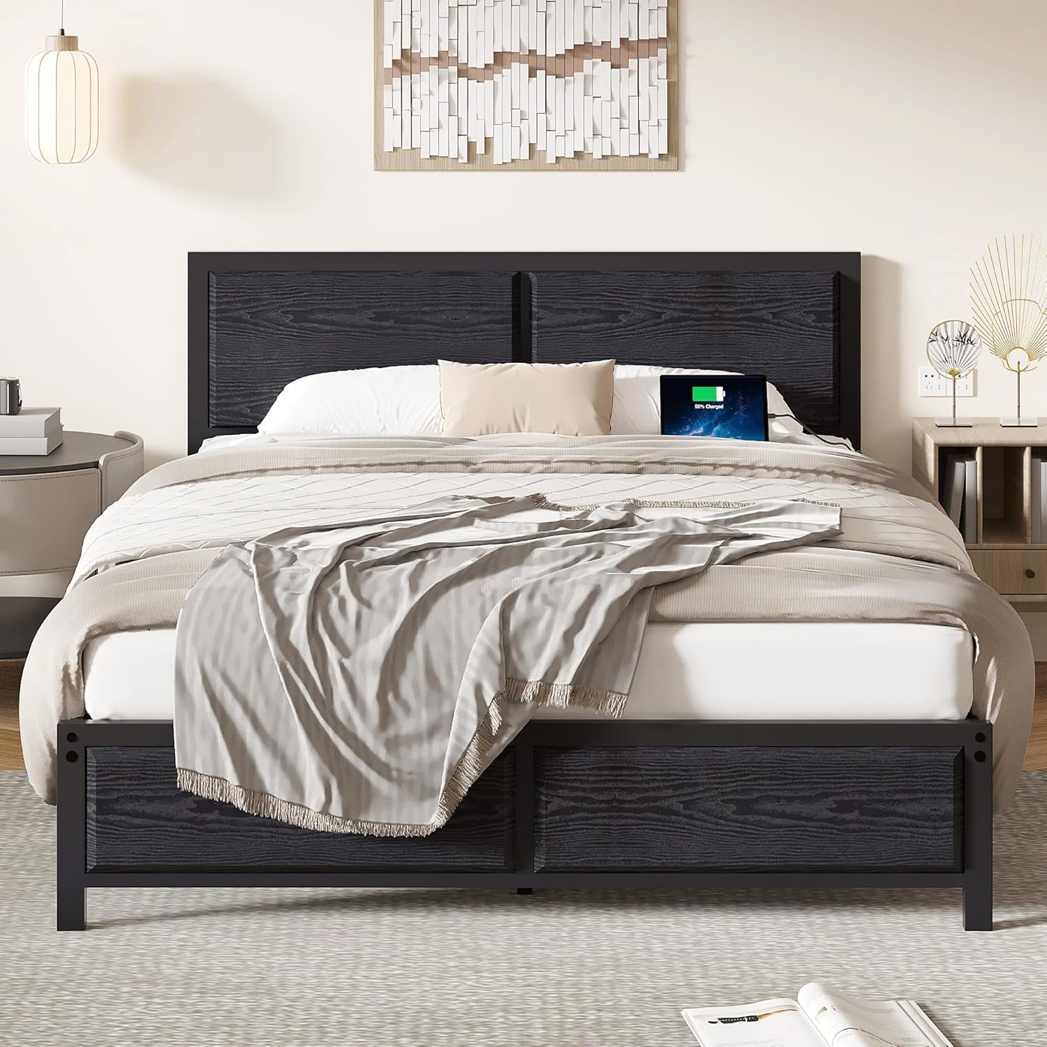 Full Size Bed Frame with Black Wood Headboard and Footboard, 14 Inch ...