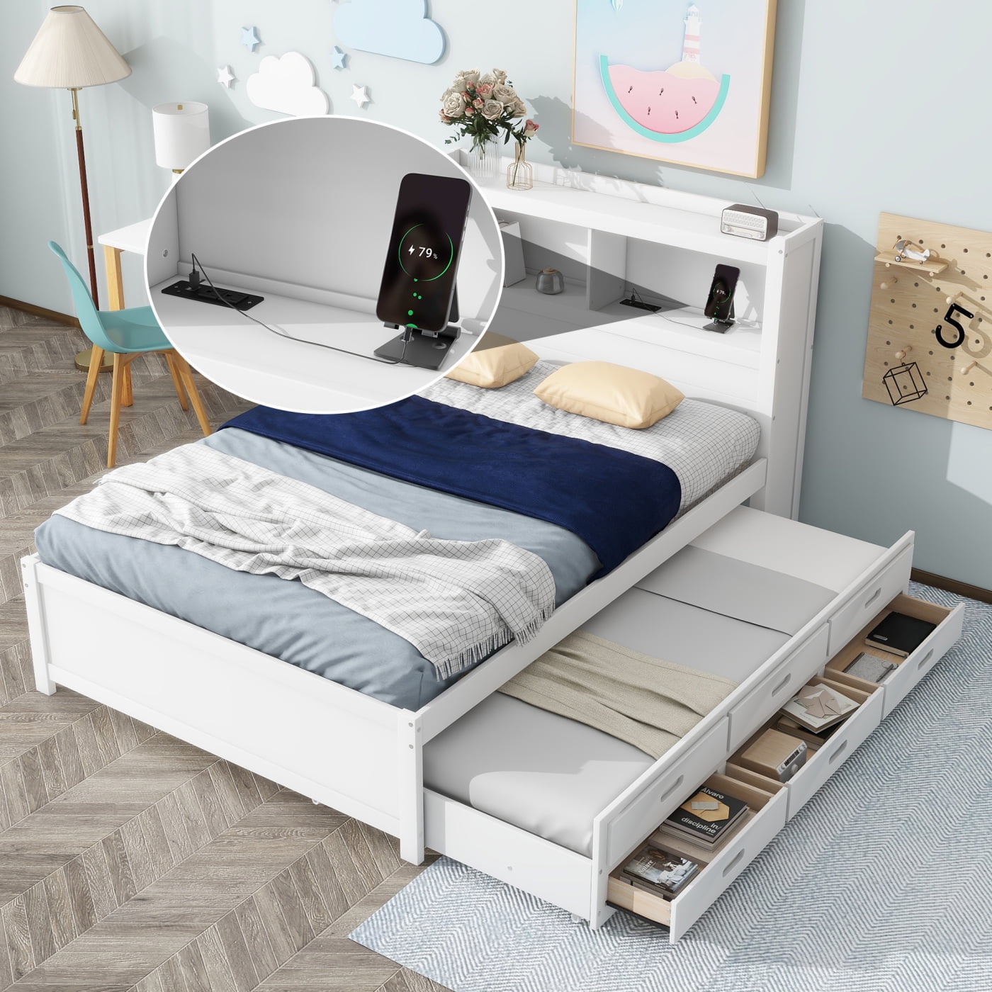 Full Size Bed Frame with Bookcase Headboard and Charging Station ...
