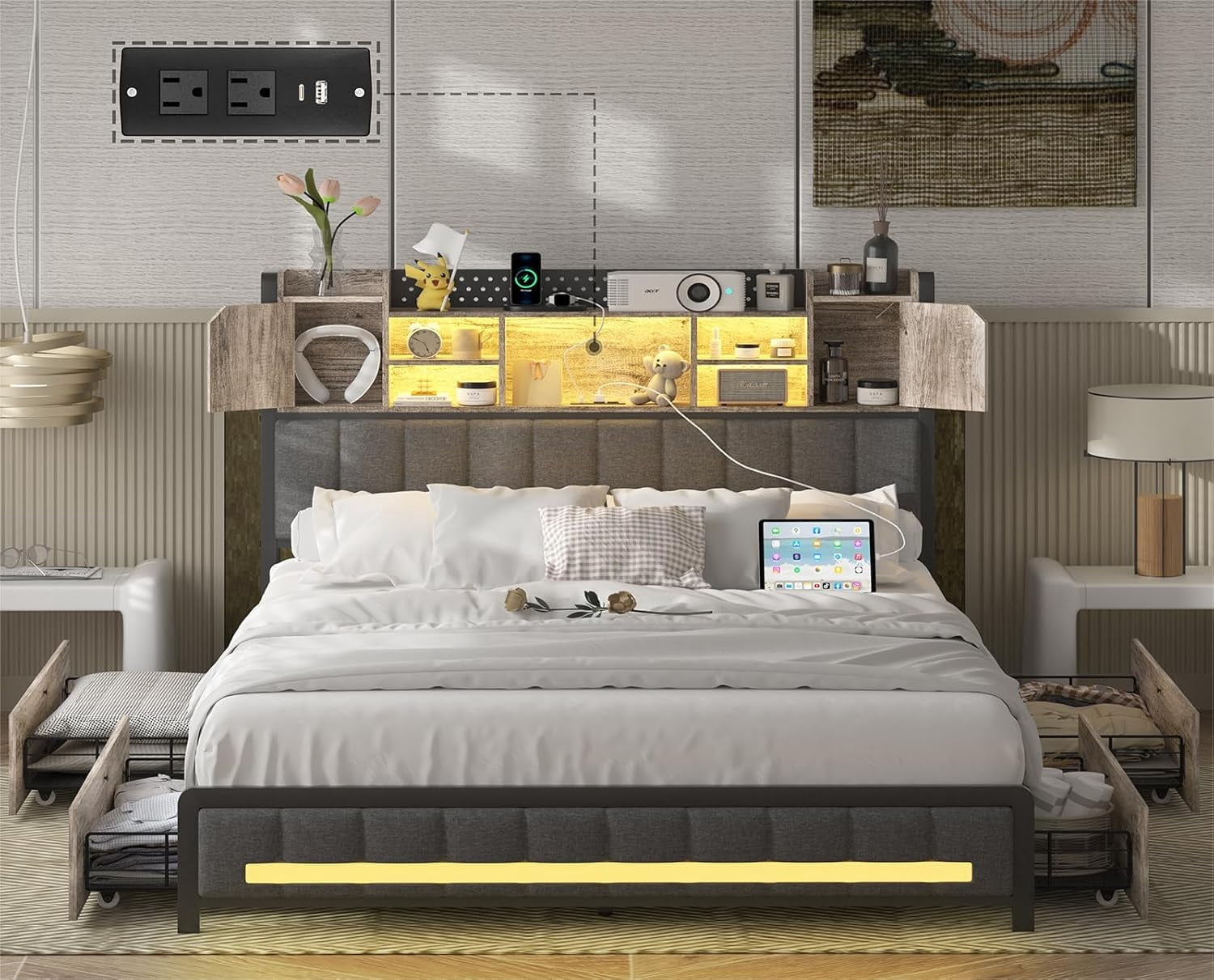 Full Size Bed Frame with Bookcase Headboard & Storage Drawers, Bed ...