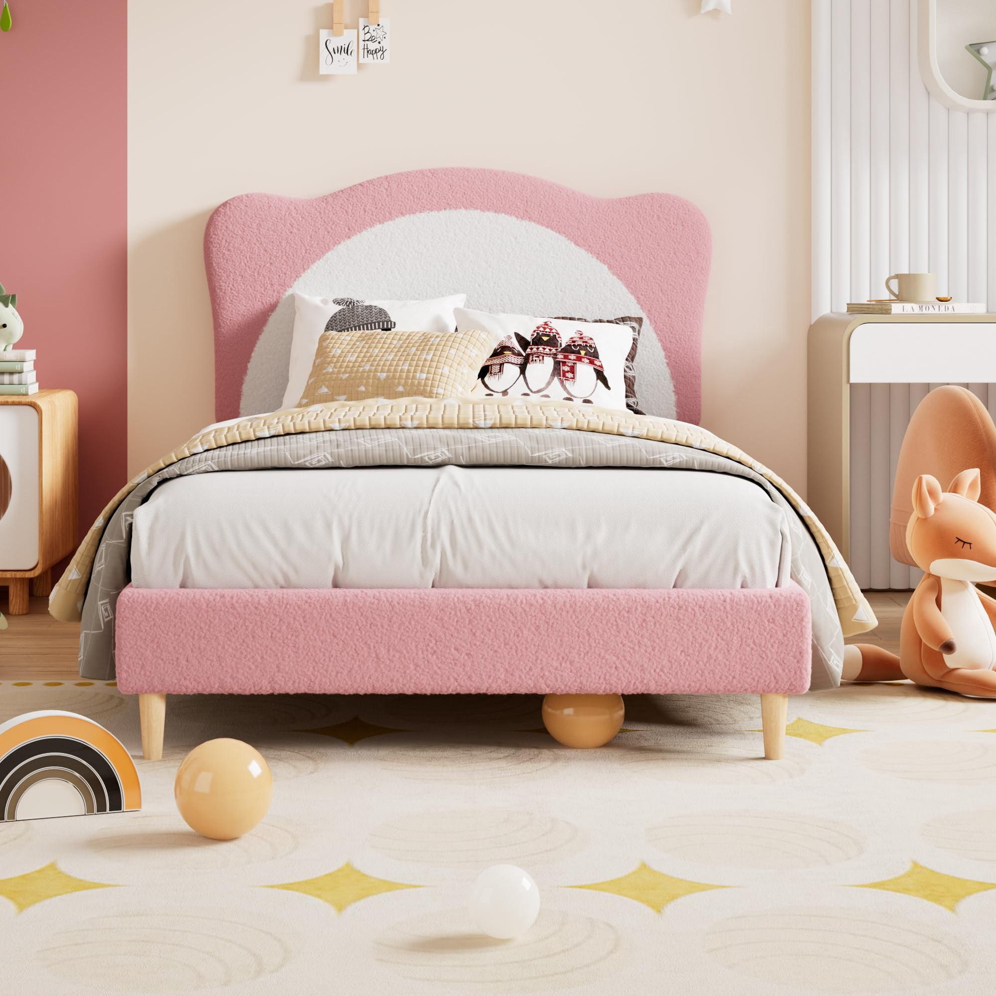 Full Size Bed Frame, Boucle Upholstered Platform Bed with Soft ...