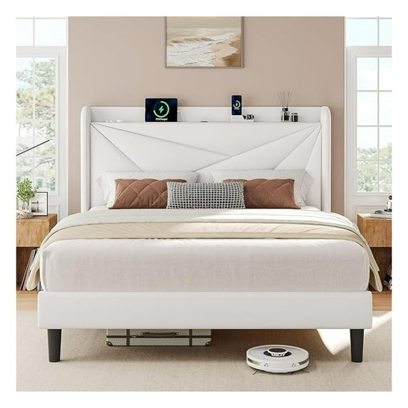 Full Size Bed Frame with Charging Station, Platform Bed Frame with ...