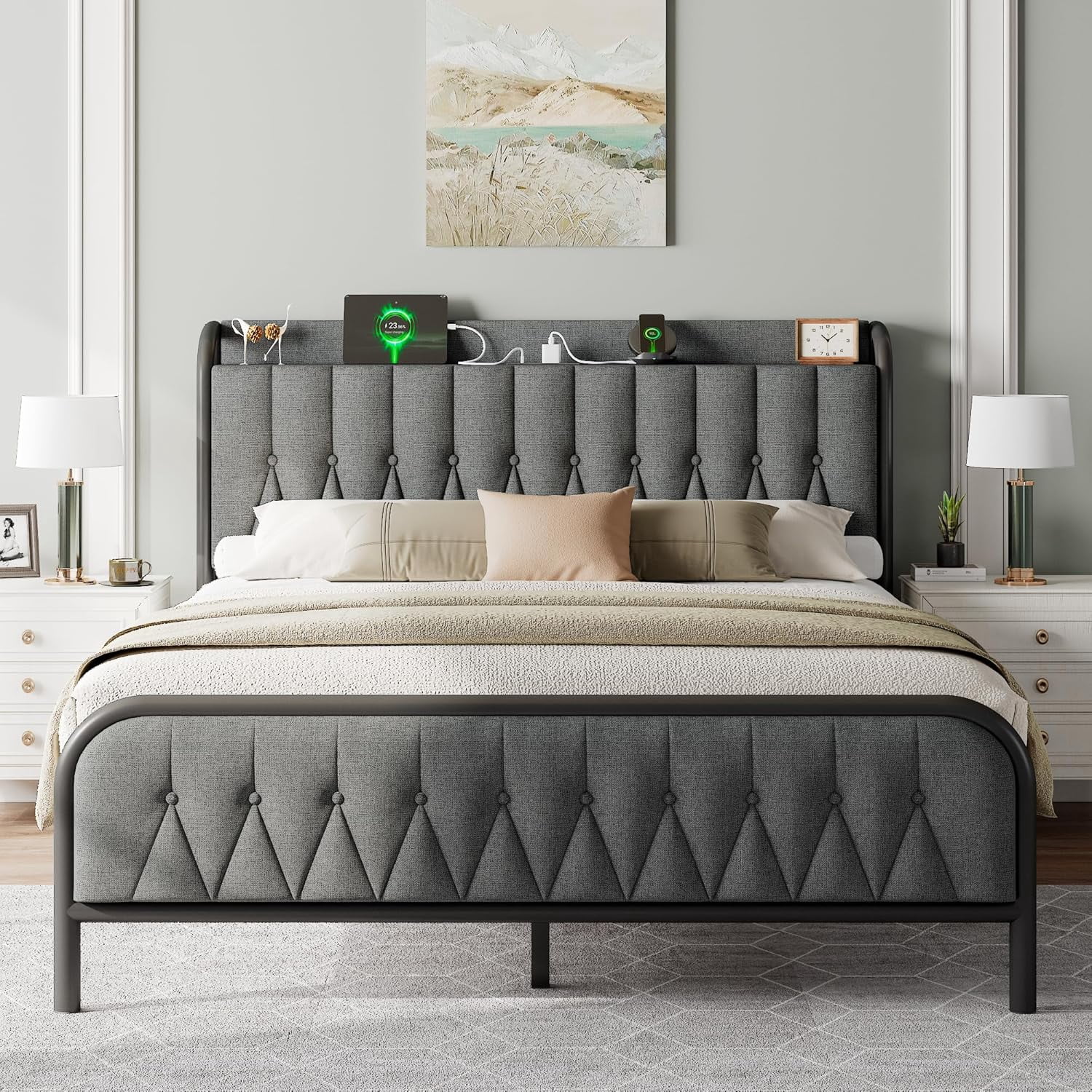 Full Size Bed Frame with Charging Station, Platform Bed with ...