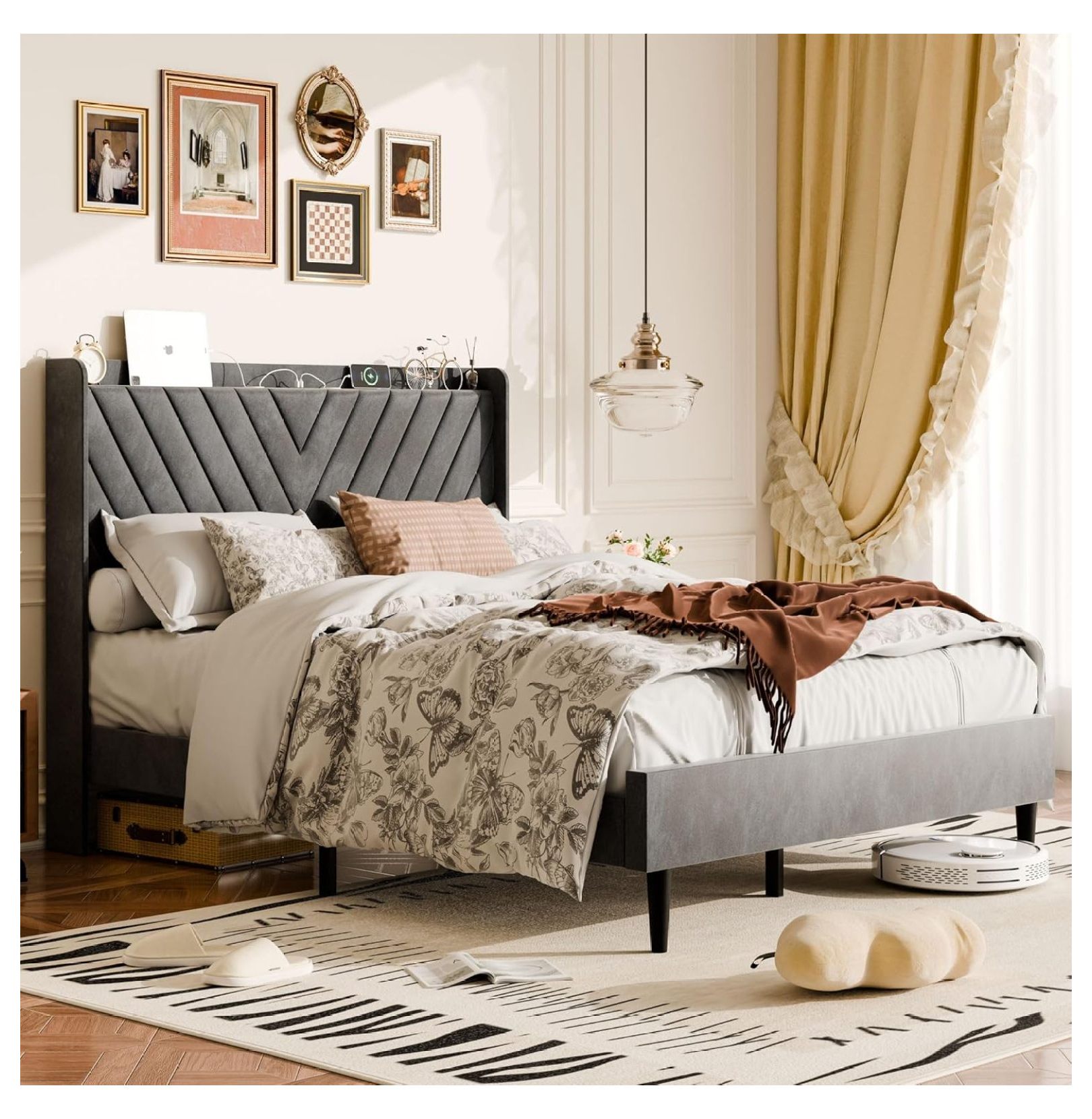 Full Size Bed Frame with Charging Station and Velvet Fabric, Bed Frame with Wingback Storage ...