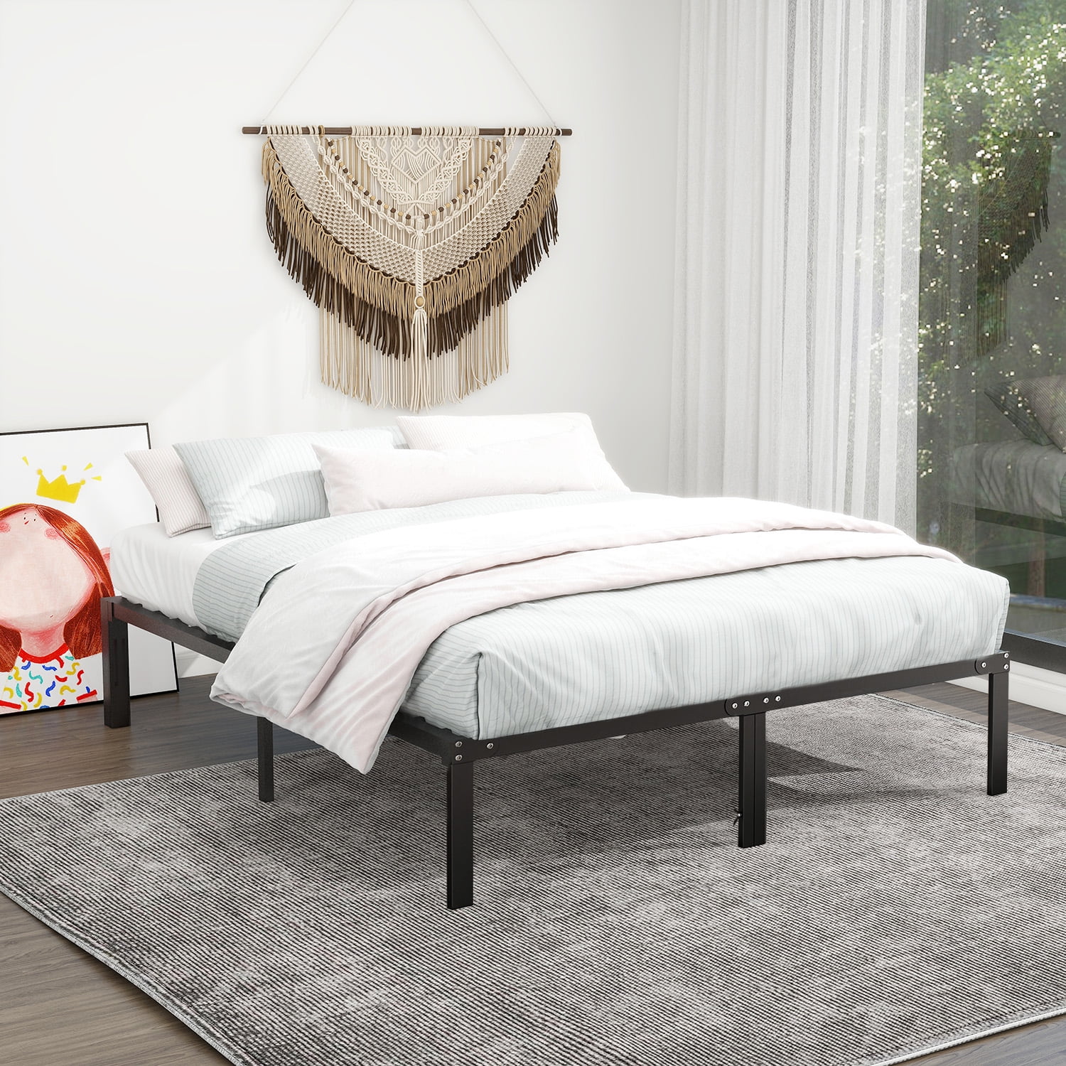 Full Size Bed Frame Classic Metal High Platform Bedframes with Under ...