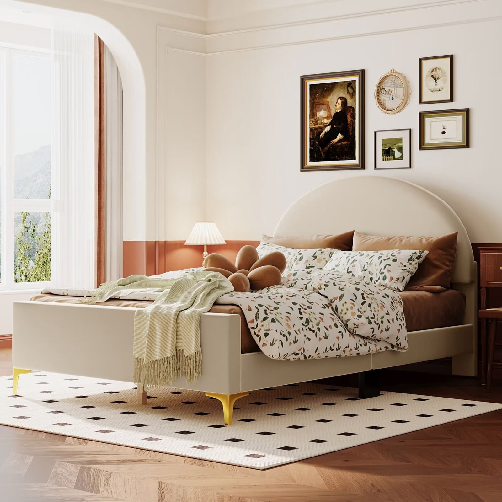 Full Size Bed Frame with Classic Semi-circle Shaped Headboard and Metal ...