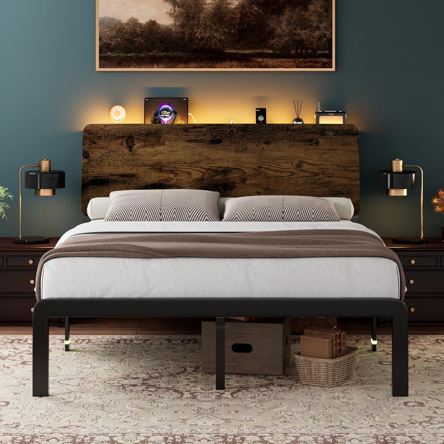 Full Size Bed Frame with Ergonomic Wooden Storage Headboard, LED Bed ...