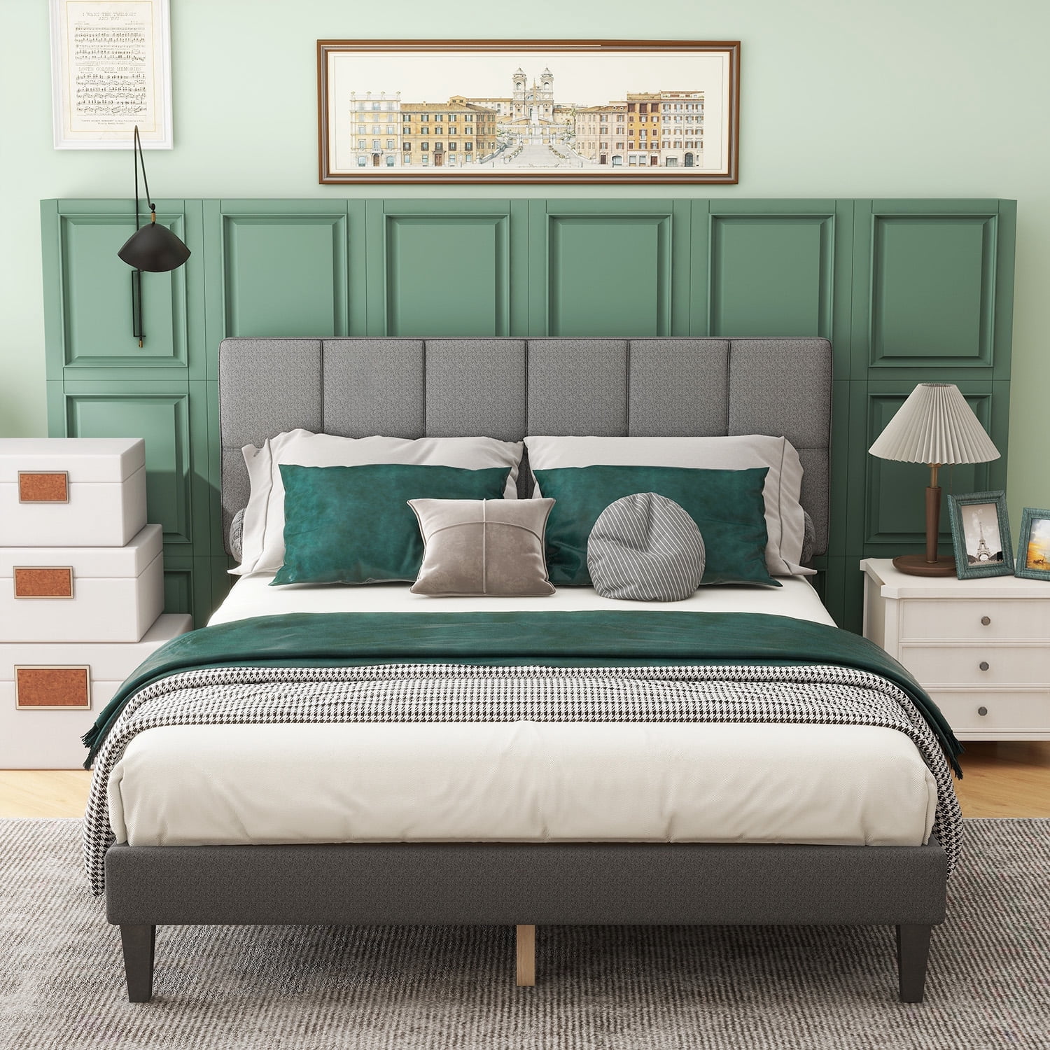 Full Size Bed Frame, Fabric Upholstered Platform Bed Frame with ...