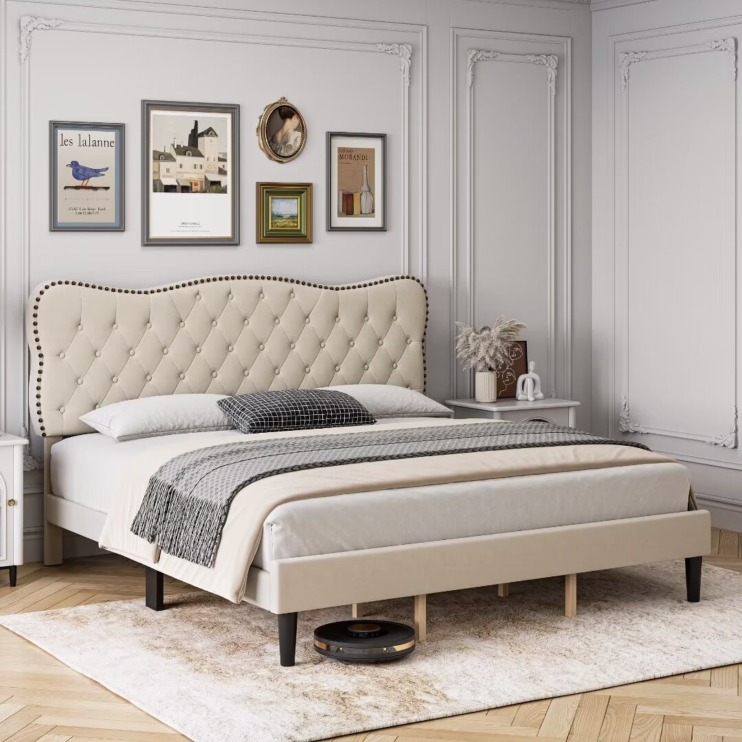 Full Size Bed Frame, Faux Leather Upholstered Platform Bed with Button ...