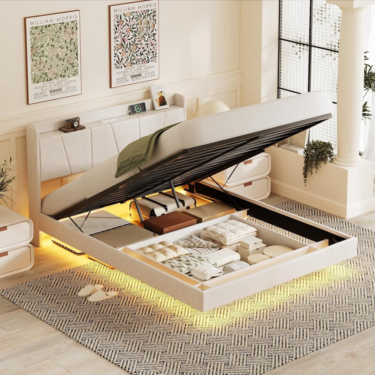 Full Size Bed Frame Floating Bed Frame with LED Lights & Lift Up Storage Upholstered PU Leather ...