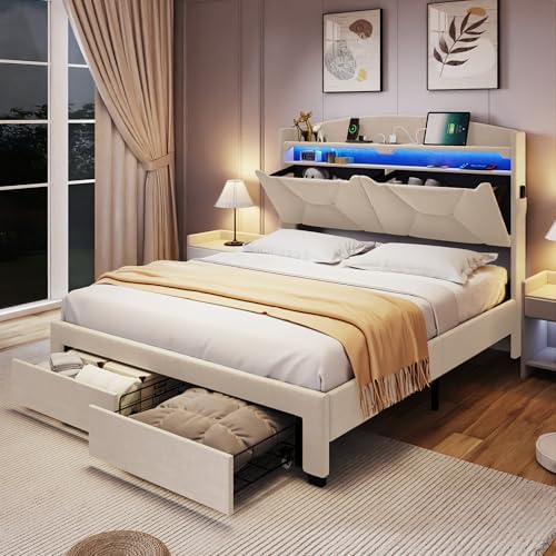 Full Size Bed Frame, Full Bed Frame with Storage Drawers, Upholstered ...