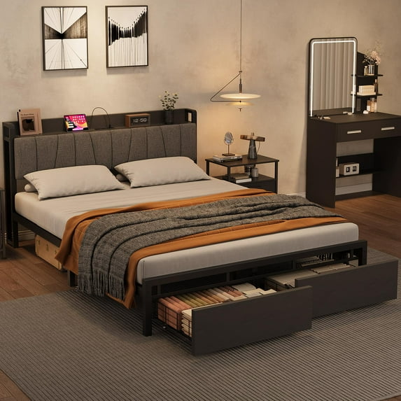 Full Size Bed Frame with a Functional Storage Headboard, Industrial ...