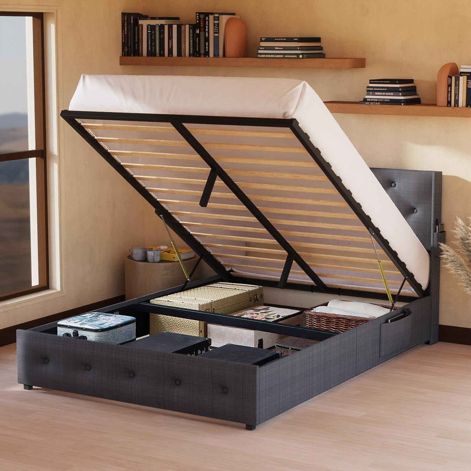 Full Size Bed Frame with Gas Lift Storage, Full Platform Bed with ...