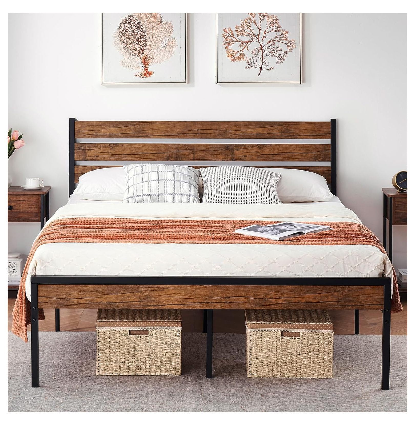 Full Size Bed Frame with Headboard Footboard, Rustic Brown Wood ...